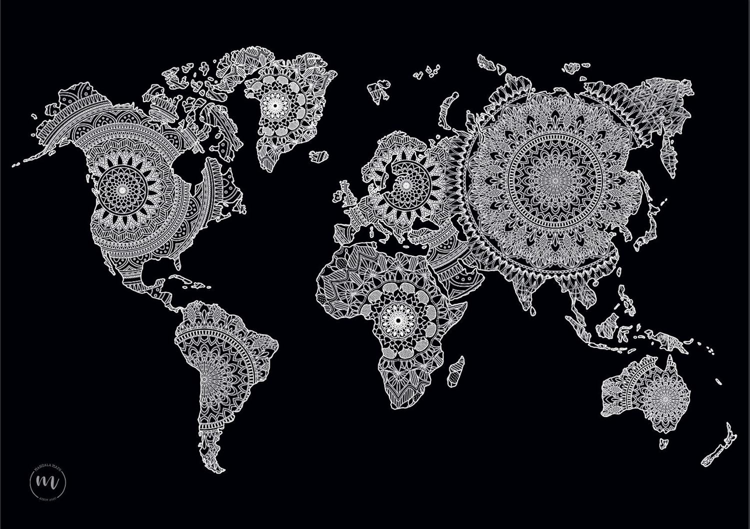 Mandala Maps – world map – black and white – Mandala tapestry – wall ...