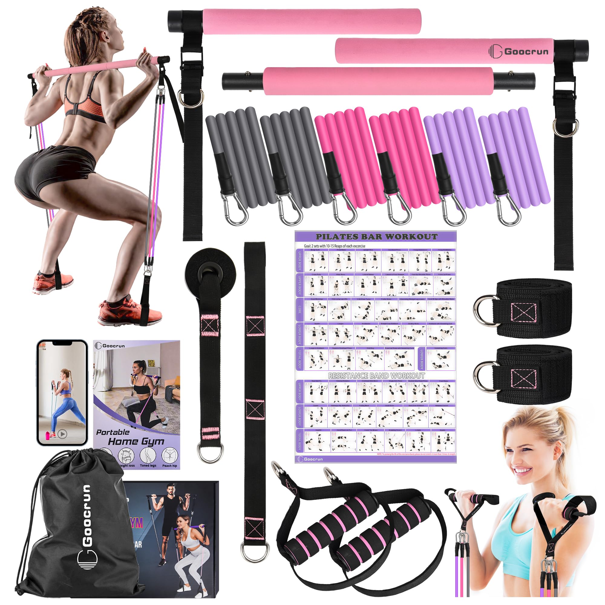 Pilates Bar and Resistance Band Bar Set with Handles, Portable Home Gym ...