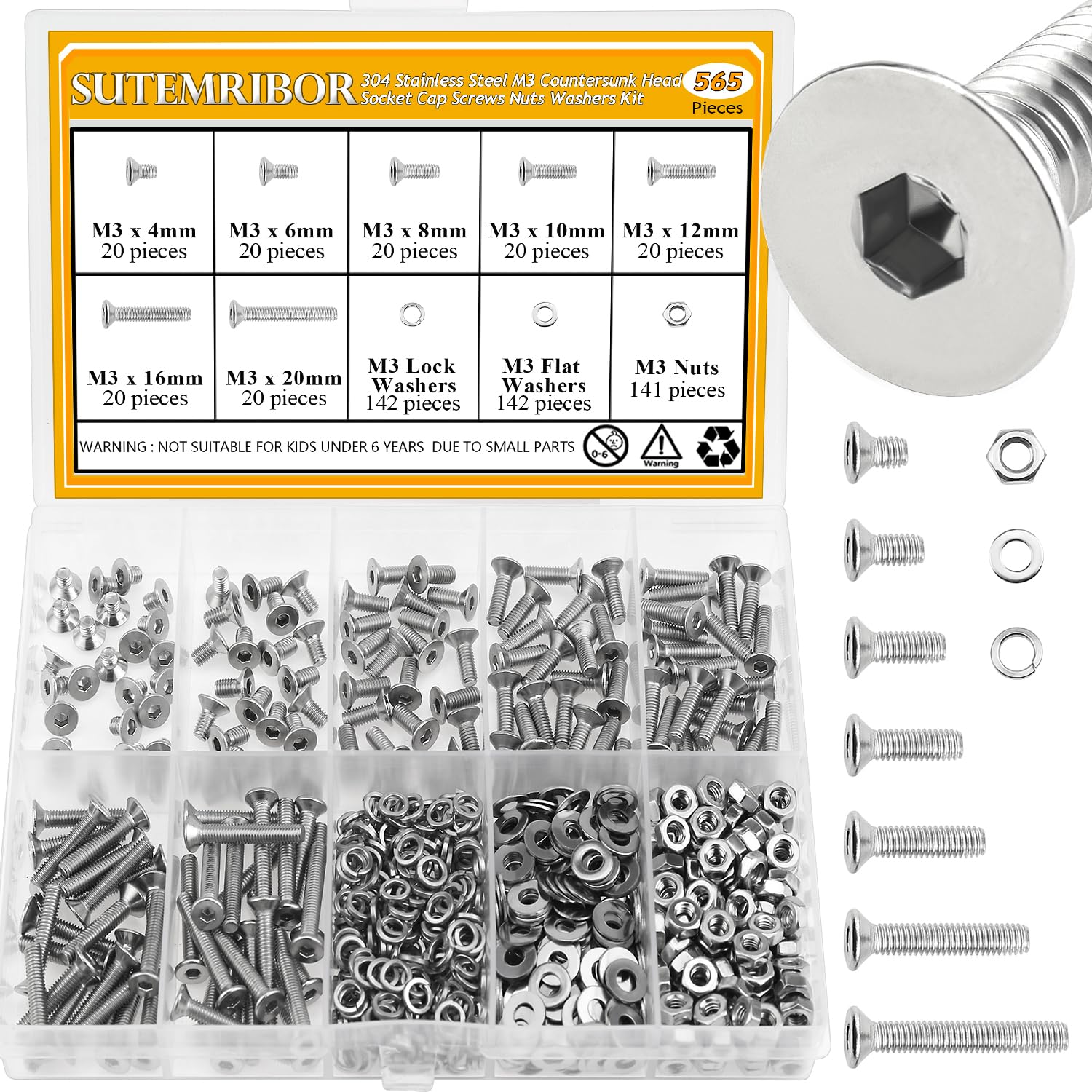 565 Pieces M3 Screws Nuts Washers Set, Sutemribor M3 x 4/6/8/10/12/16/20mm Countersunk Head ...