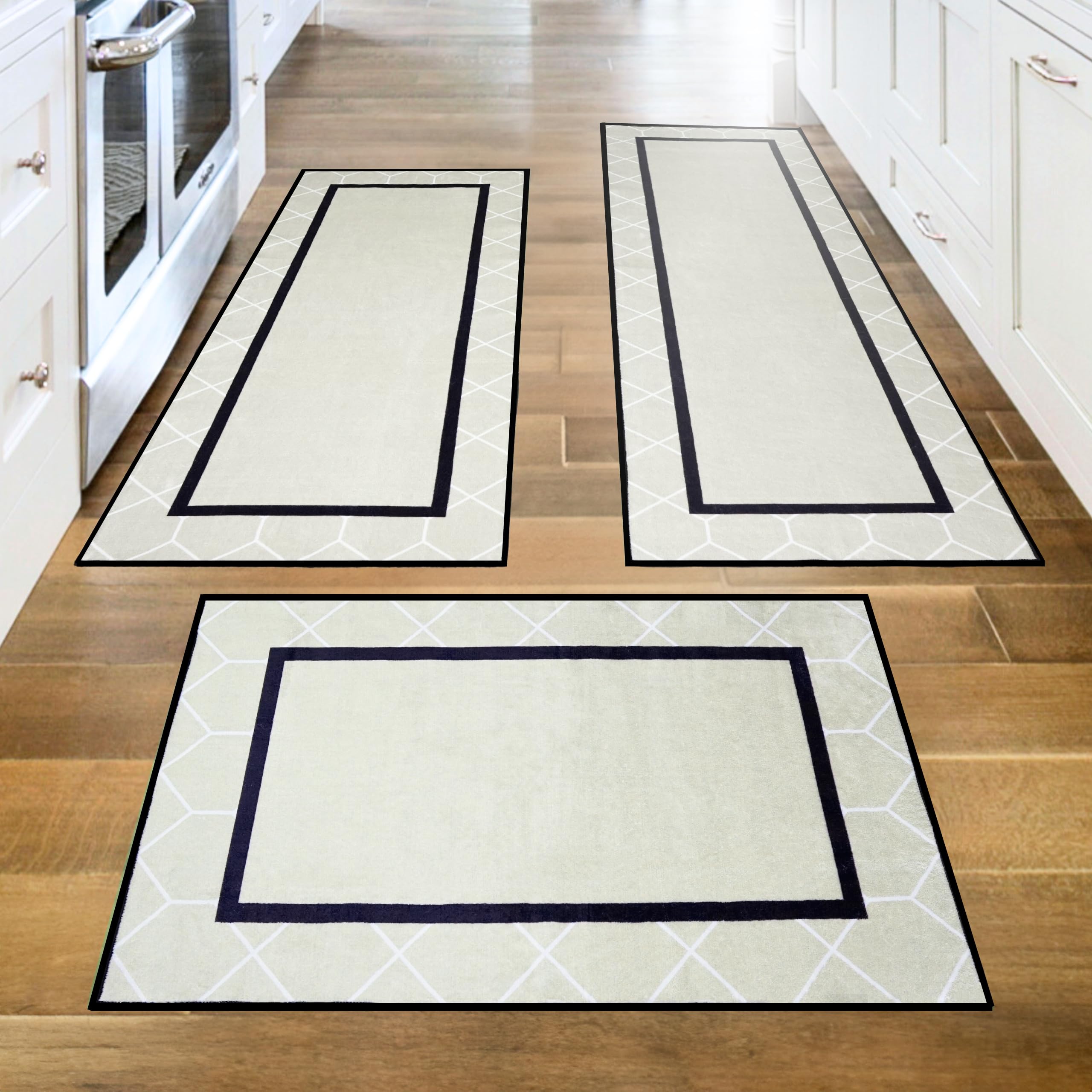 Modern Beige Kitchen Mats for Floor 3 Piece Set – Thin Non-Slip ...