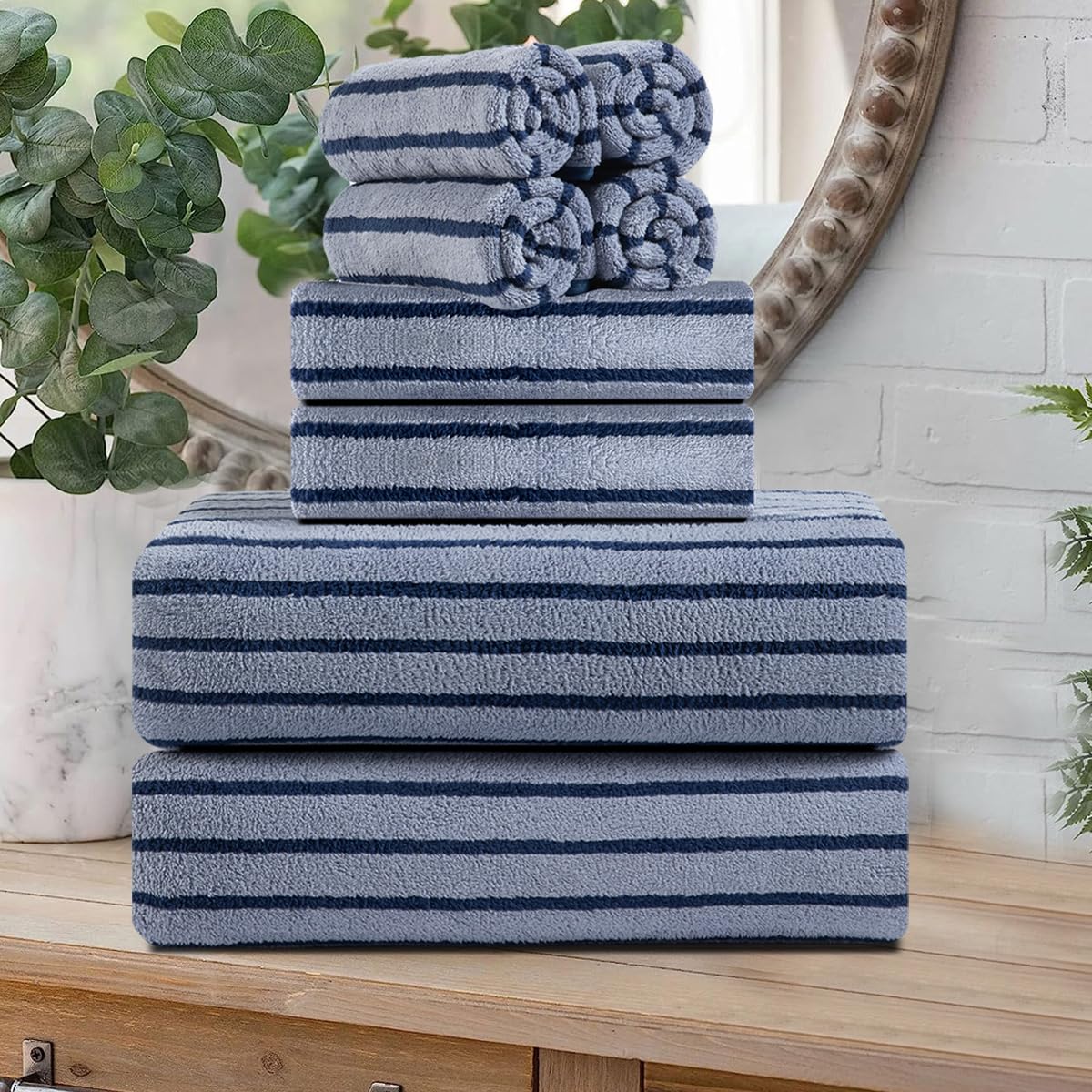 8 Pcs Navy Cabana Stripe Large Bath Towel Set Oversized Bath Sheet 2 Bathroom Towels,2 Hand ...