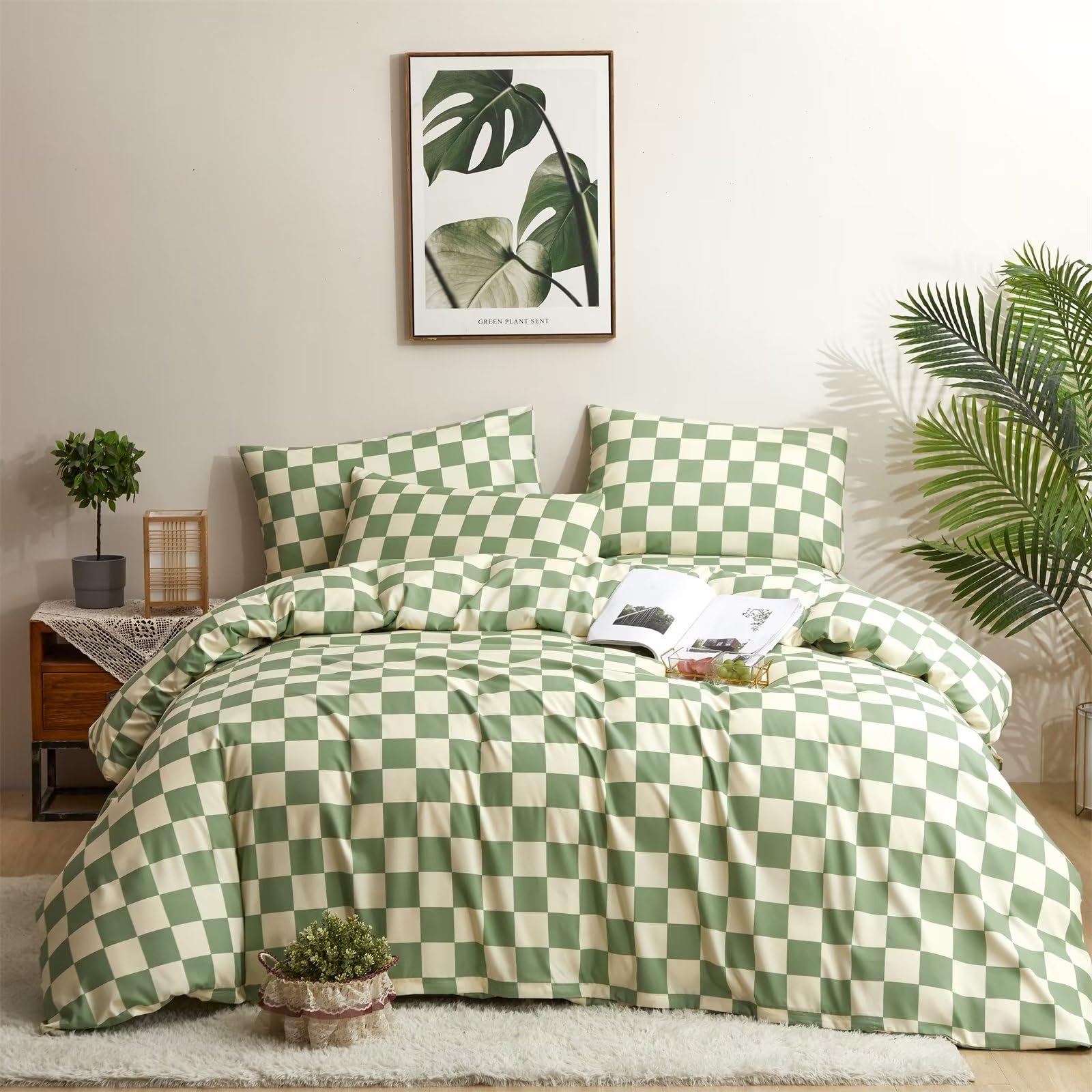 Houseri White and Green Plaid Duvet Cover Twin Boys Sage Green Bedding ...