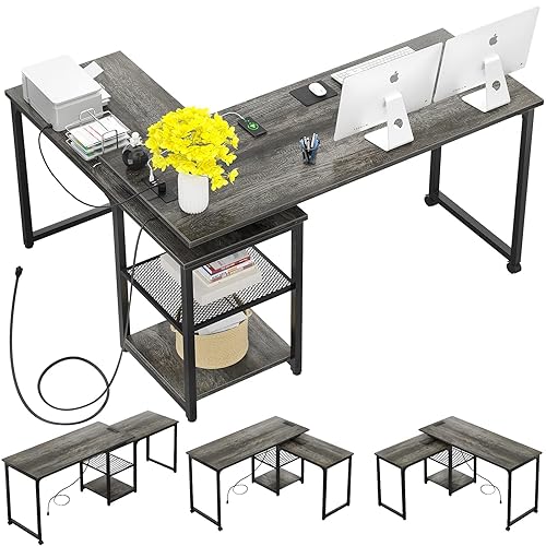 armocity L Shaped Desk with Outlets and USB Ports, 360° Rotating L ...