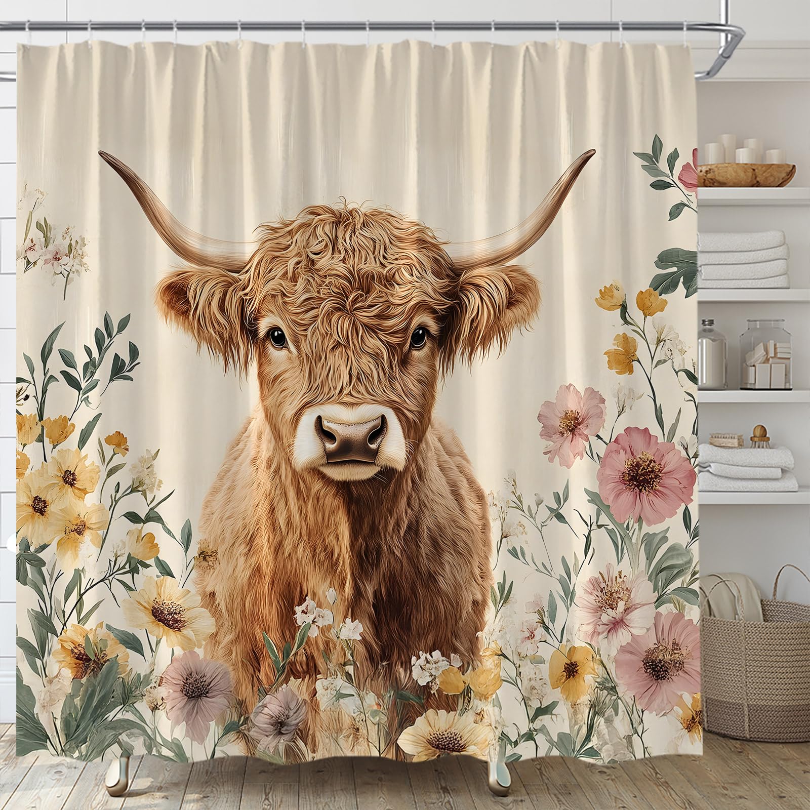 ABONAN Highland Cow Shower Curtain Cute Cow Farmhouse Rustic Floral ...