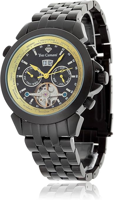 Yves Camani Worldtimer Black/Yellow Men's Automatic Watch with Black ...