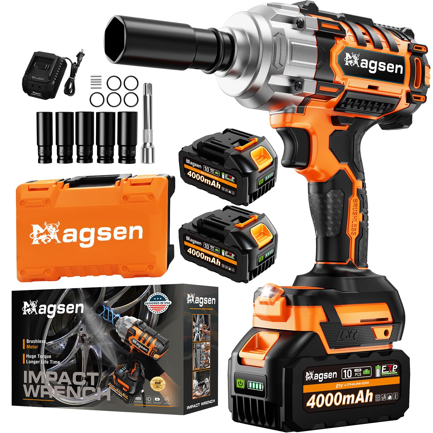MAGSEN 1/2 inch Cordless Impact Wrench, High Torque 900Ft-lbs (1200N.m ...