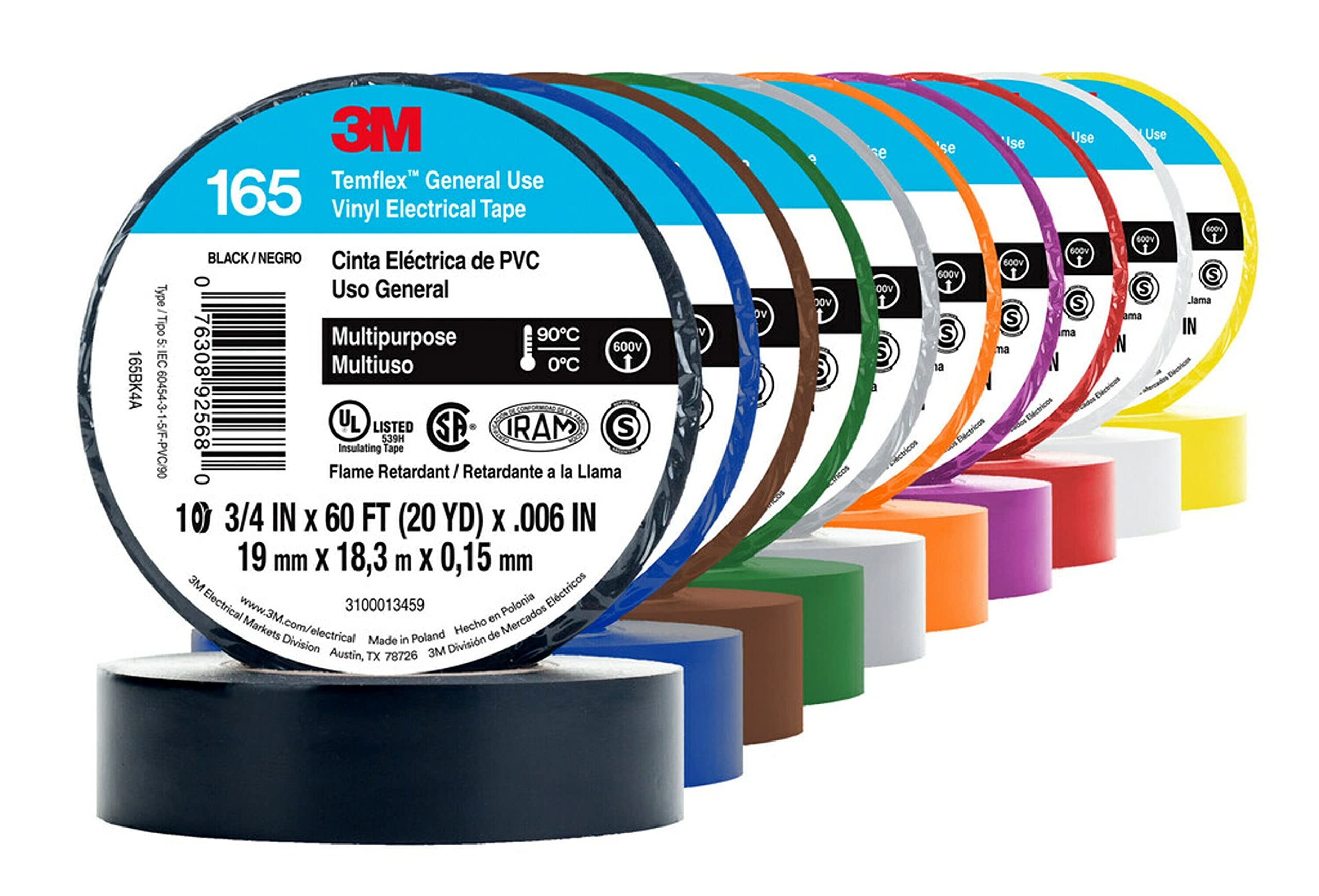 3M Temflex Multi-Purpose Vinyl Electrical Tape 165, Black, 3/4 In X 60 ...