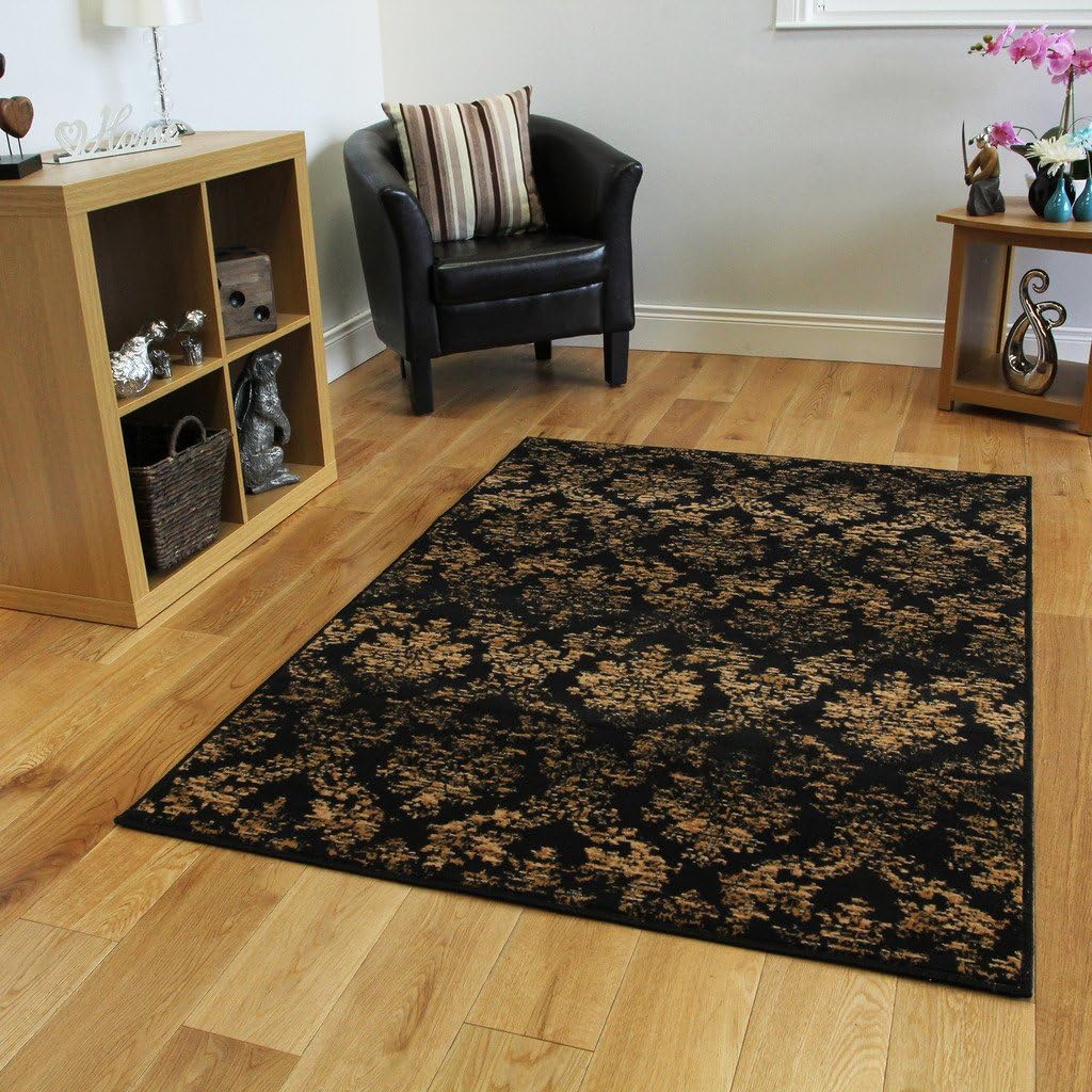 The Rug House Stain Resistant Black & Gold Elegant Damask Rugs - Shiraz ...