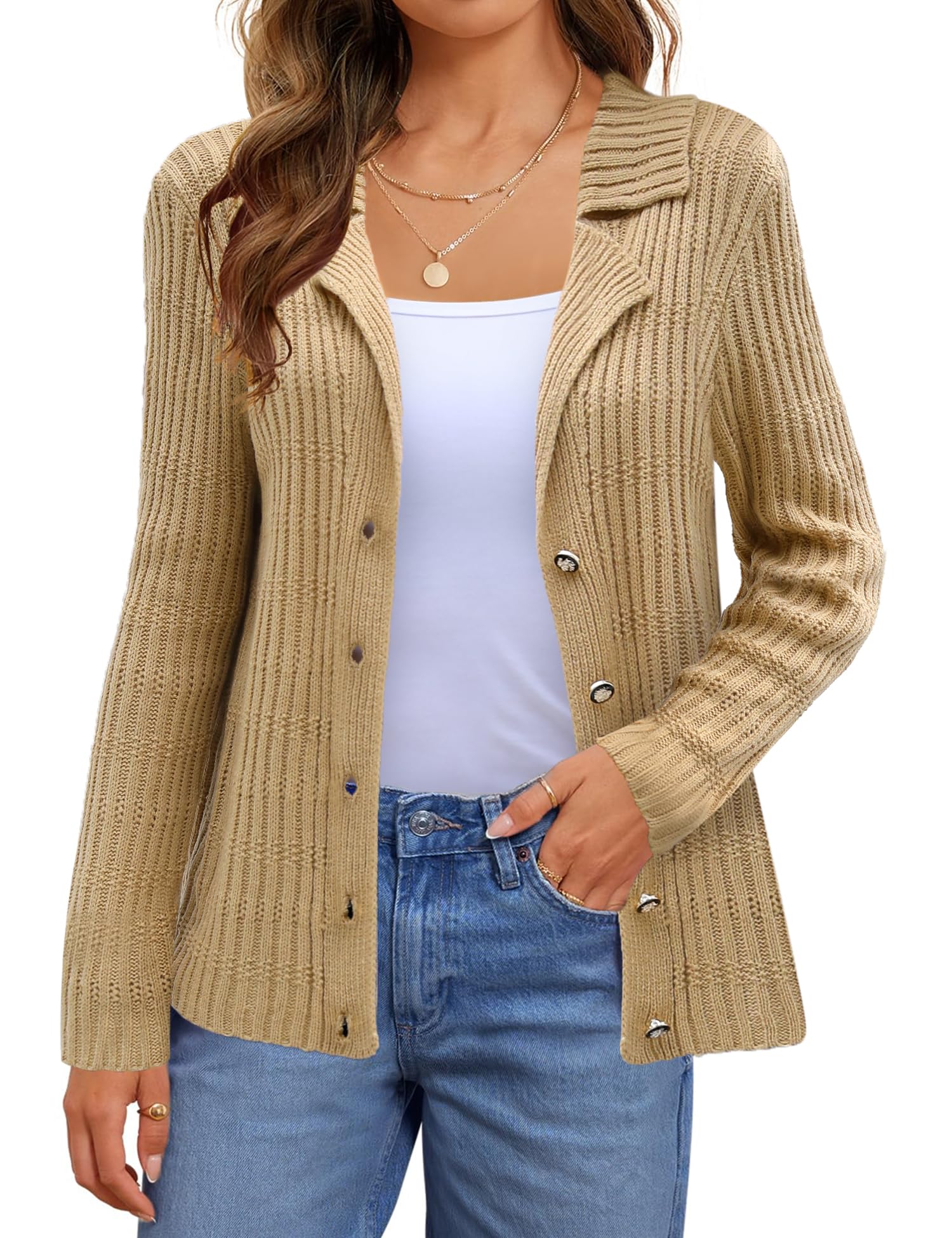 Genhoo Women's Fall Winter Button Down Sweater Long Sleeve Lapel Casual ...