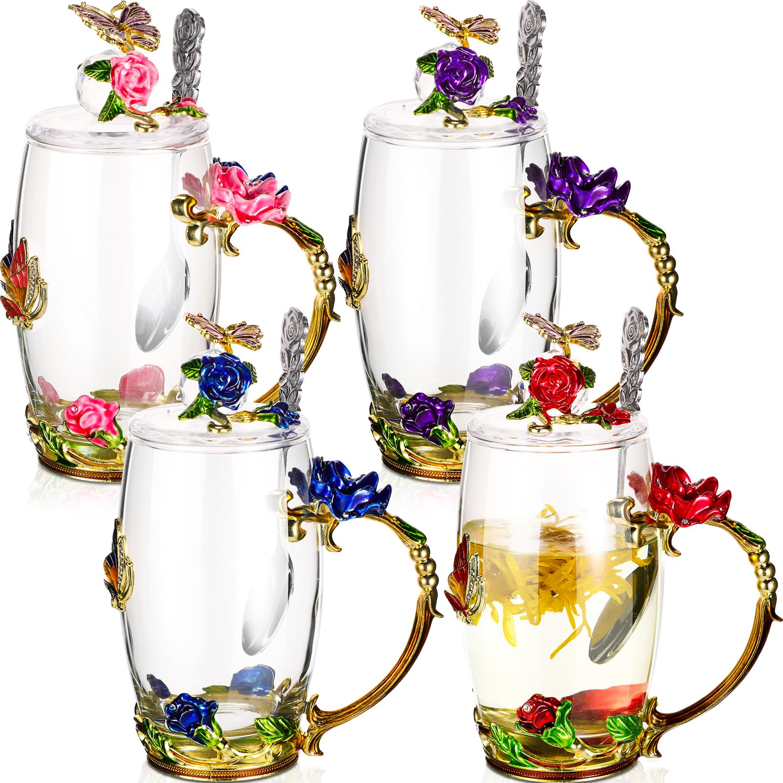 Nuanchu 4 Sets Flower Glass Tea Cups with Lids and Spoon Butterfly ...