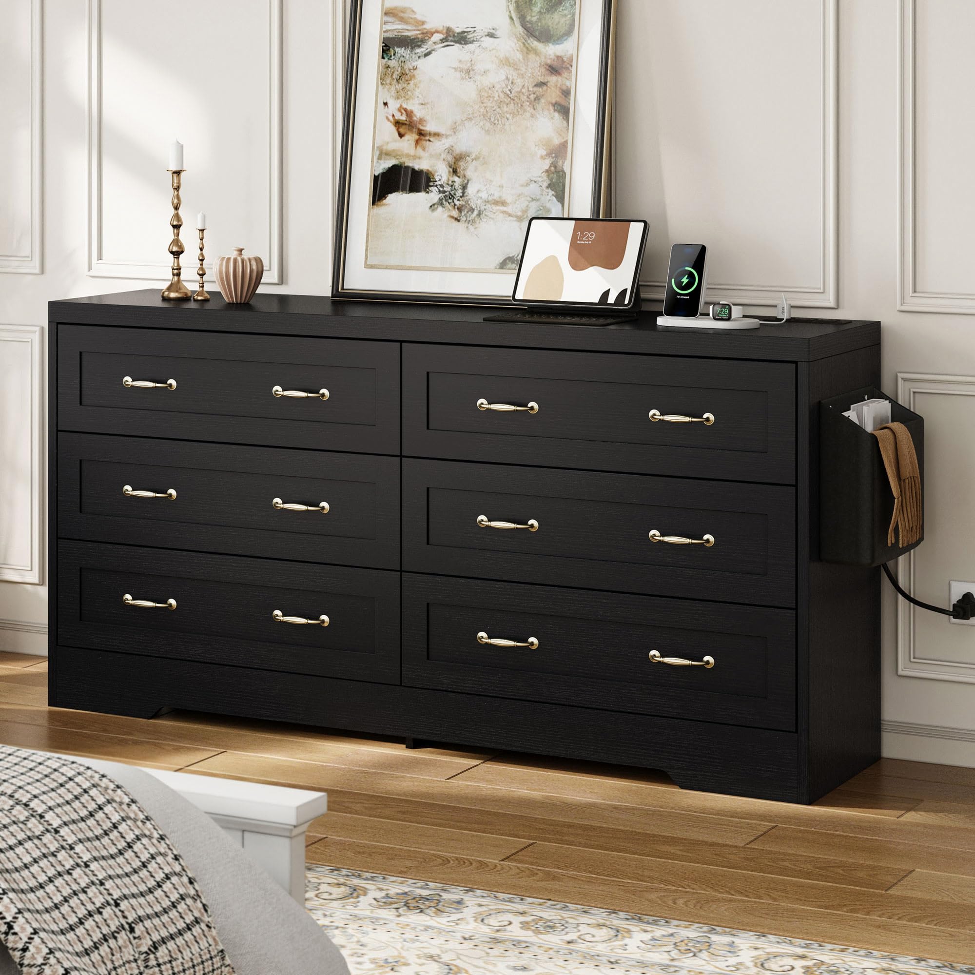 DWVO Farmhouse 6 Drawer Dresser, 60 Inch Large Modern Dresser TV Stand ...