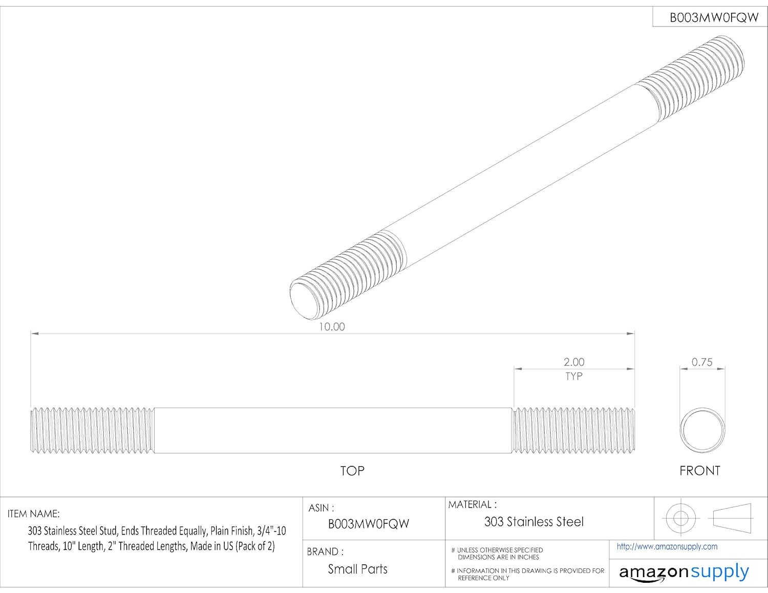3/8-16 Threads Pack of 2 Made in US Plain Finish 4 Length 303 Stainless ...