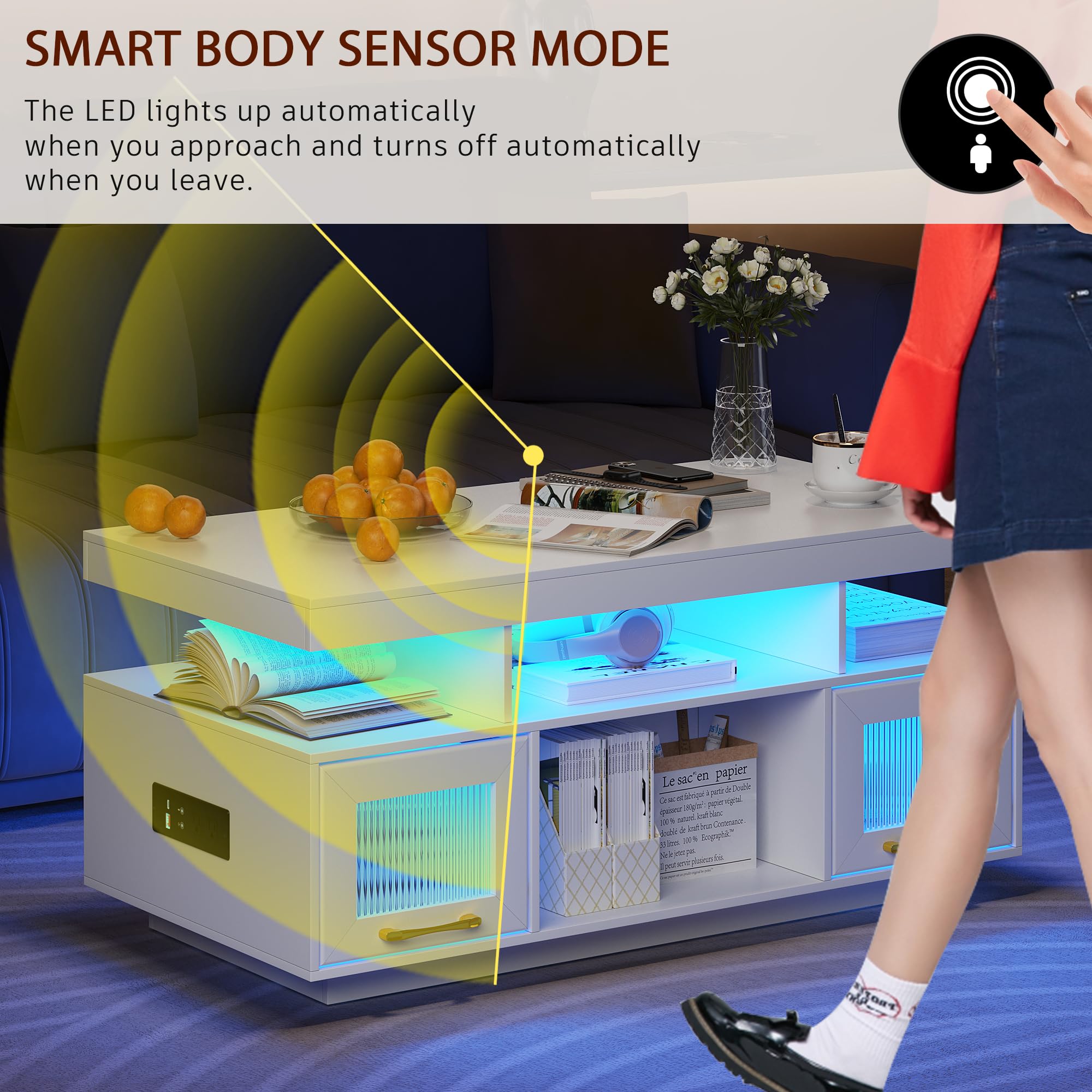 Mua LED Coffee Table with Charging Station ＆ 4 Storage Spaces, Modern ...