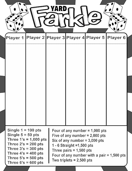 Amazon.com: Laminated Yard Farkle Scorecard, with Instructions, for ...
