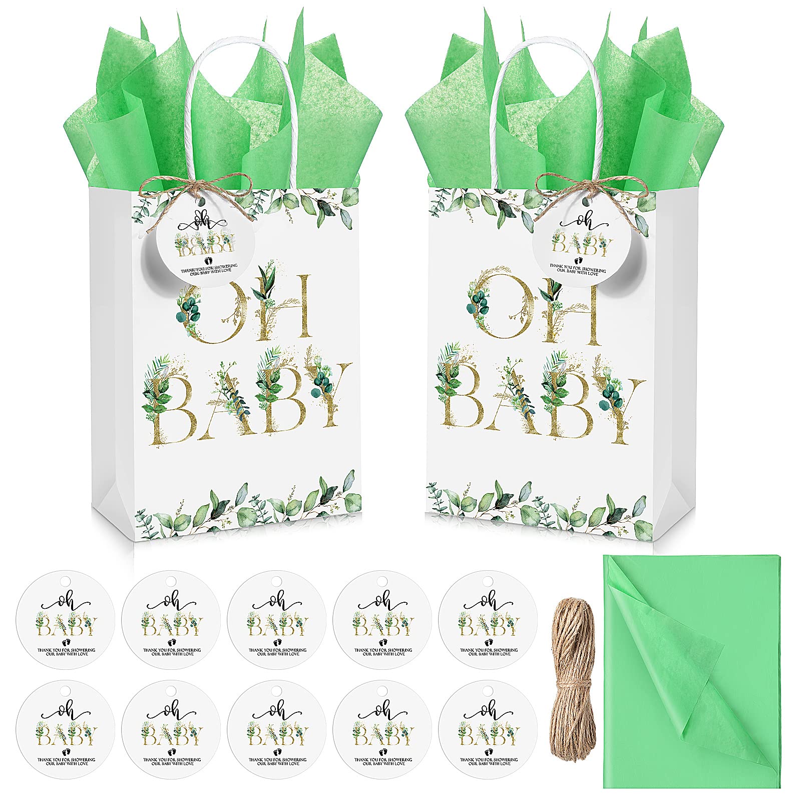 PerKoop 50 Pack Greenery Baby Shower Favor Bags with Green Tissue Paper ...