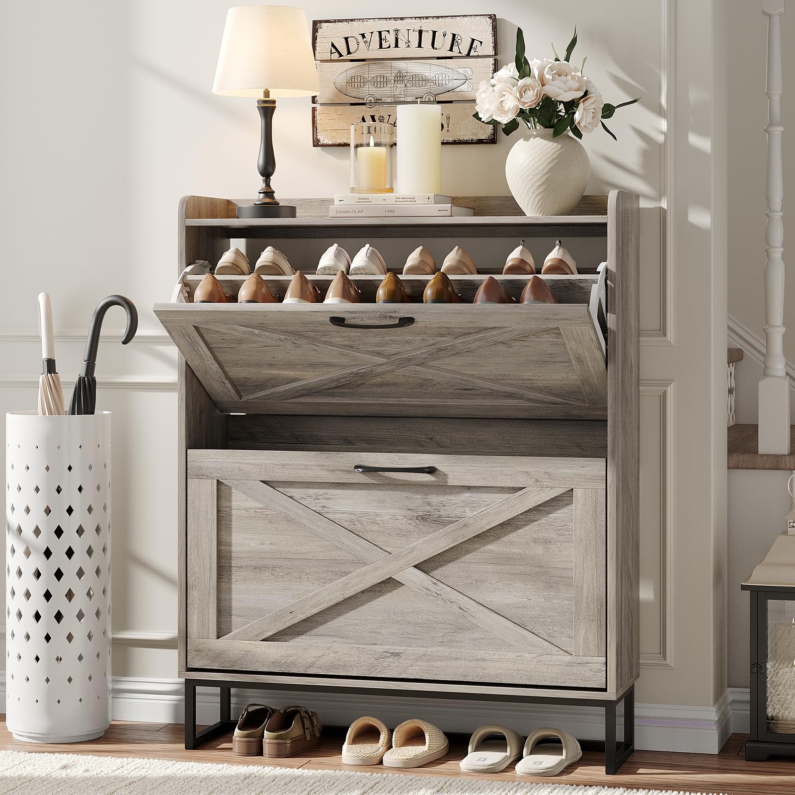 Maupvit Shoe Cabinet with 2 Flip Drawers, Freestanding Shoe Cabinet ...