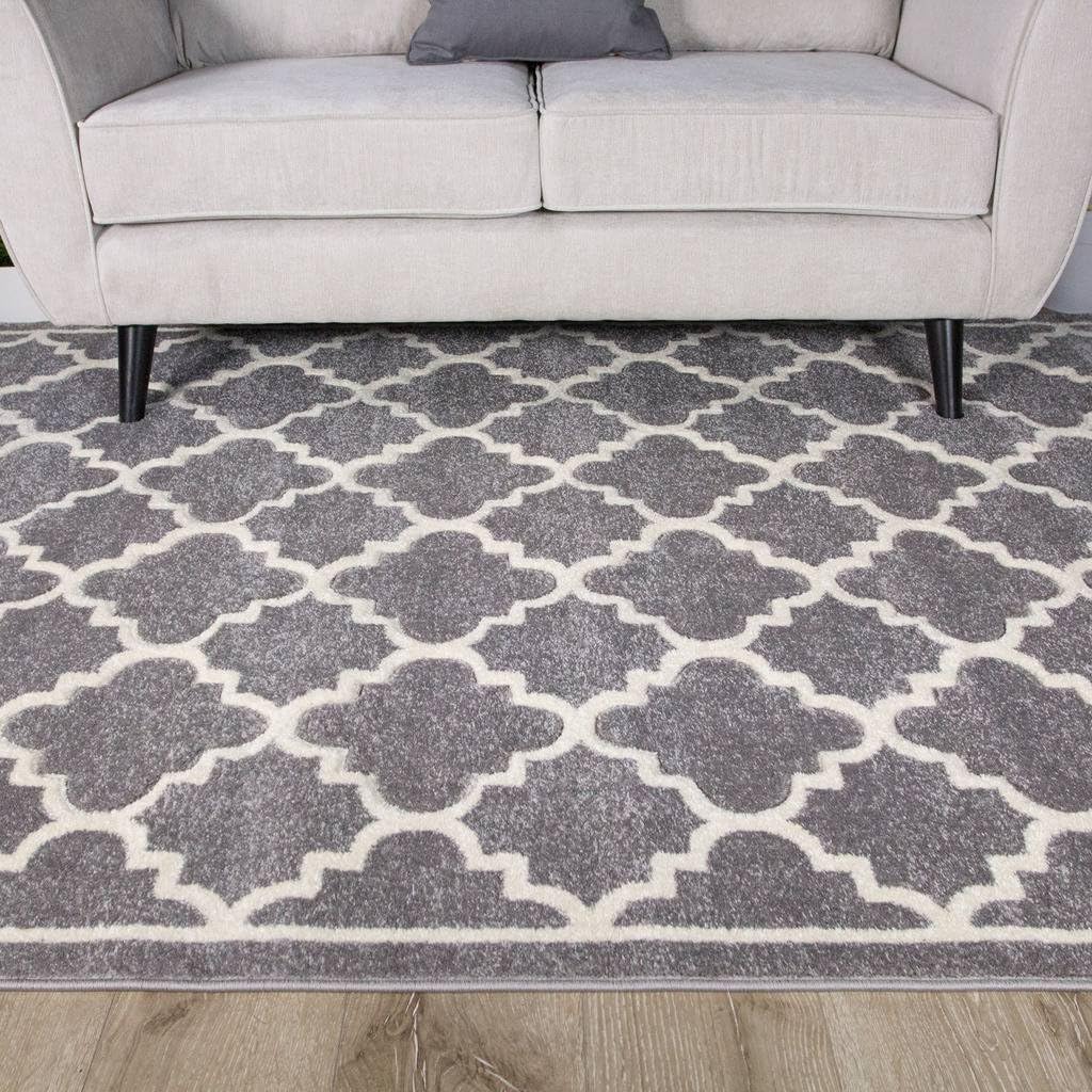 Grey Silver Geometric Trellis Fish Net Design Living Room Floor Rug ...