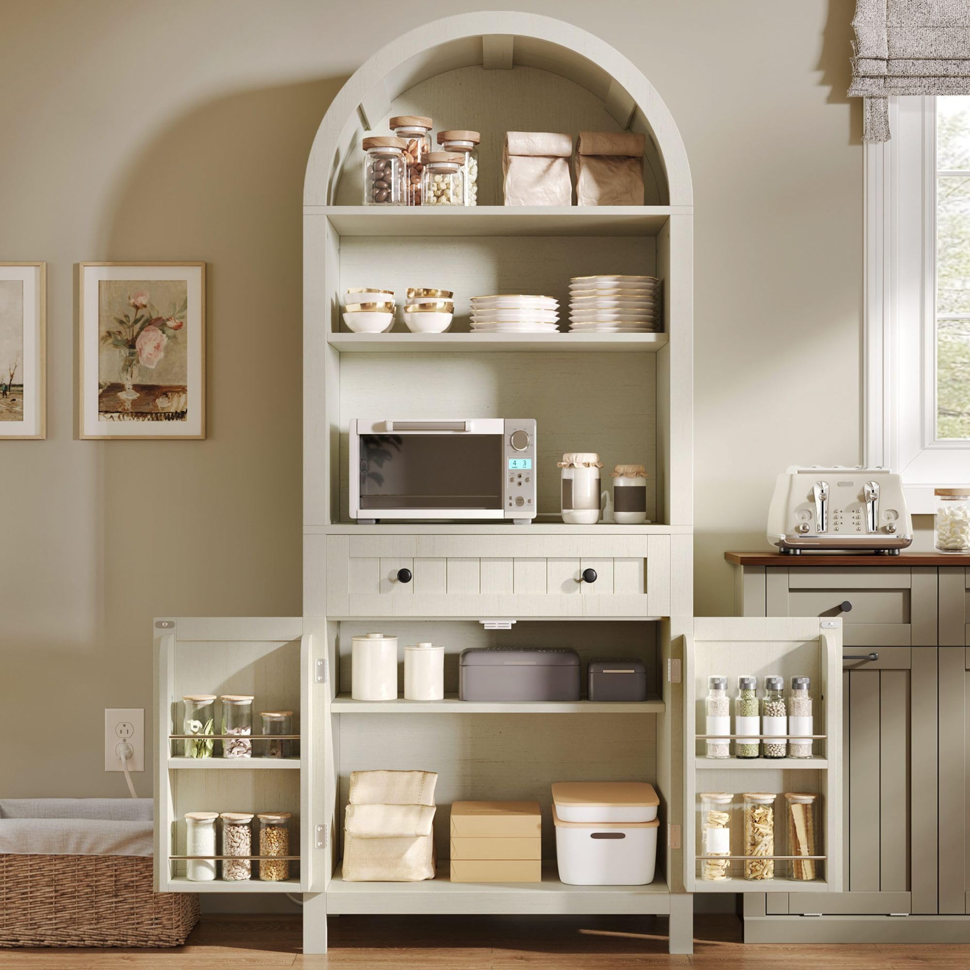 YITAHOME 73" Arched Kitchen Pantry Storage Cabinet with Charging ...
