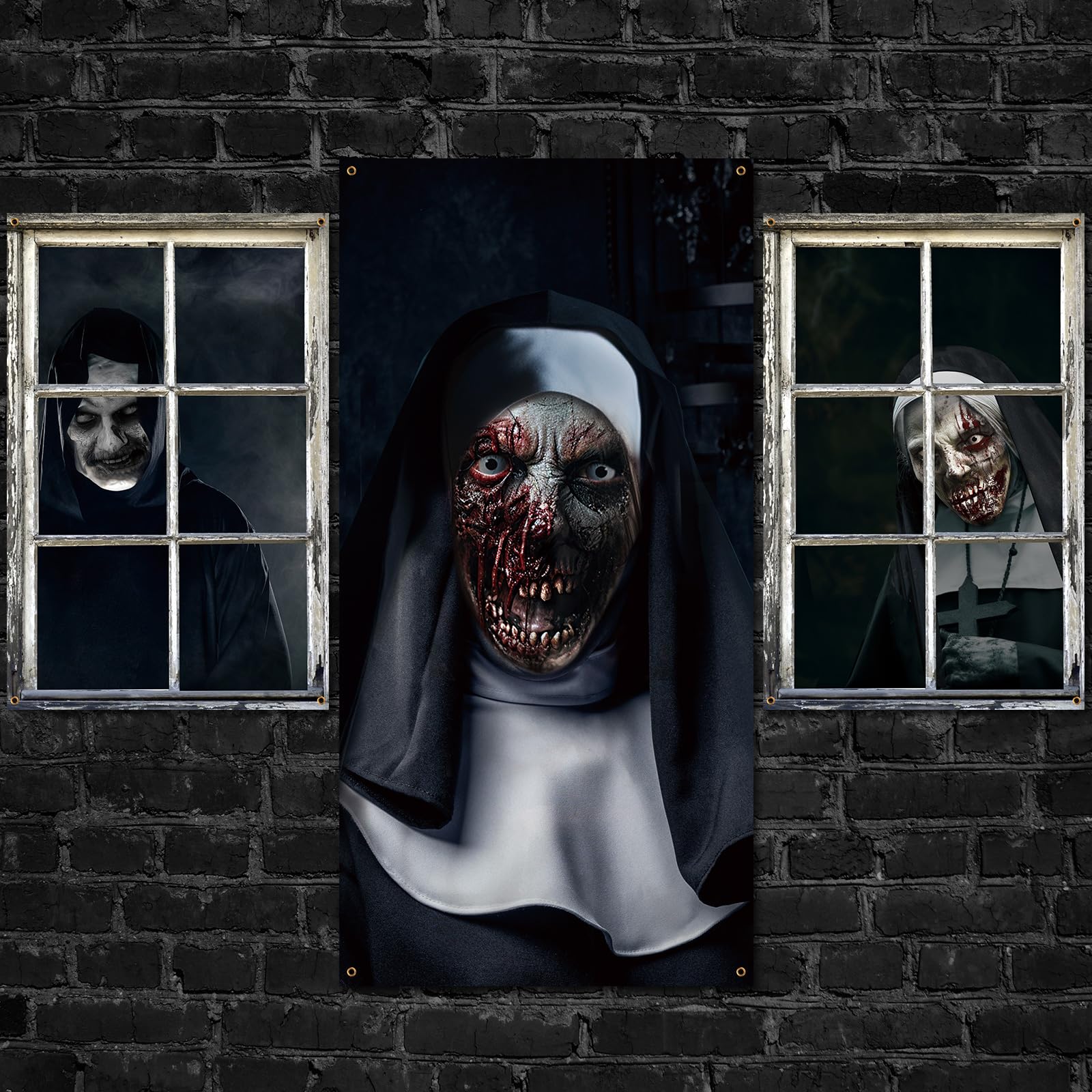 Fanfanwin 3 Pcs Halloween Nun Window Door Covers Decor Scary Nun Covers ...