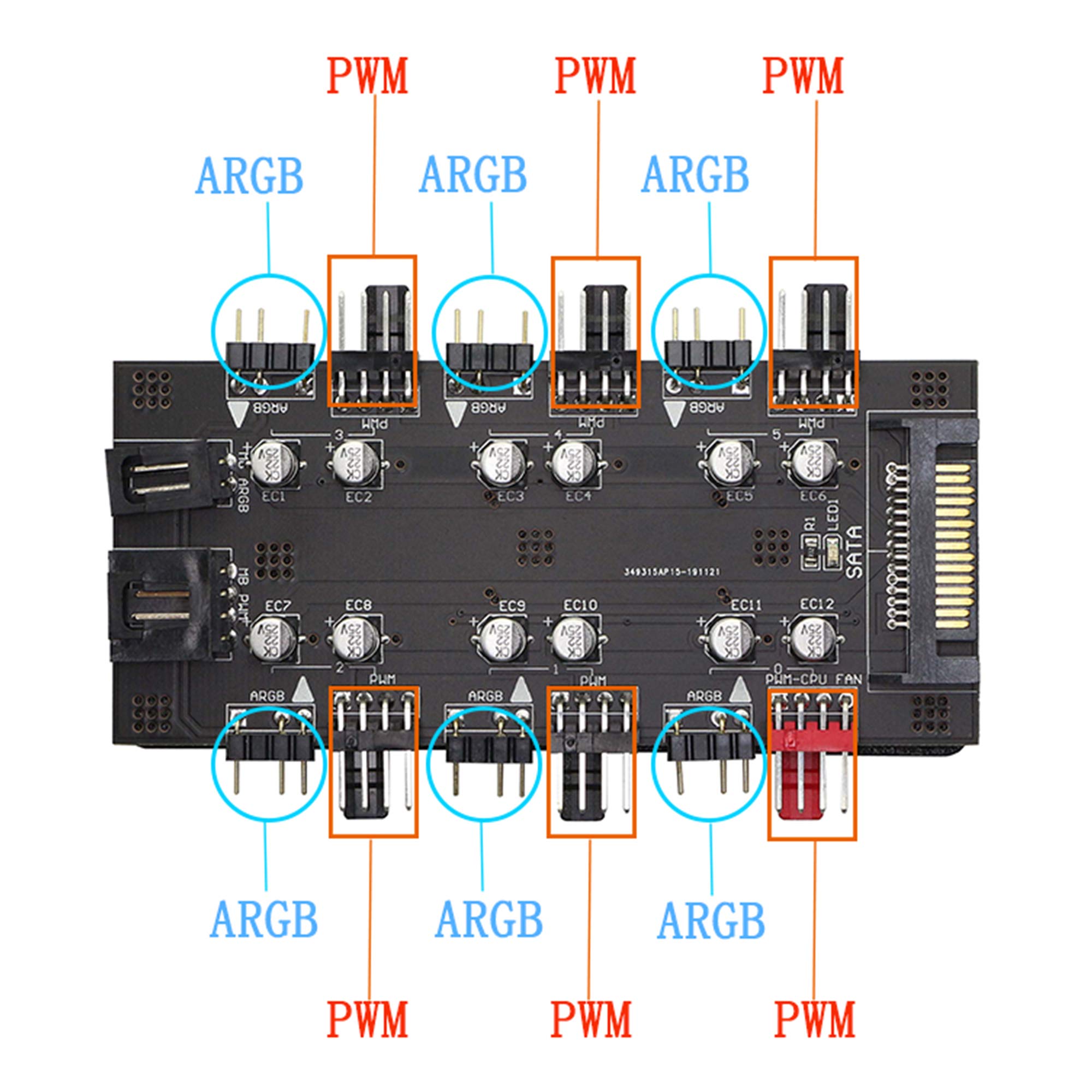 Mua 12V 4Pin PWM & 5V 3Pin ARGB with SATA 15Pin Power 2-in-1 Hub 6 Way ...