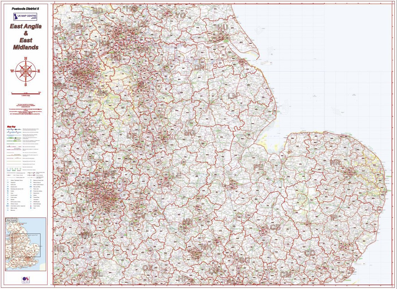 Postcode District Map 5 - East Midlands & East Anglia - Colour - Face ...