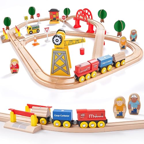 Tiny Land Train Set - 55PCS Wooden Tracks with Exclusive Crane & Trains ...