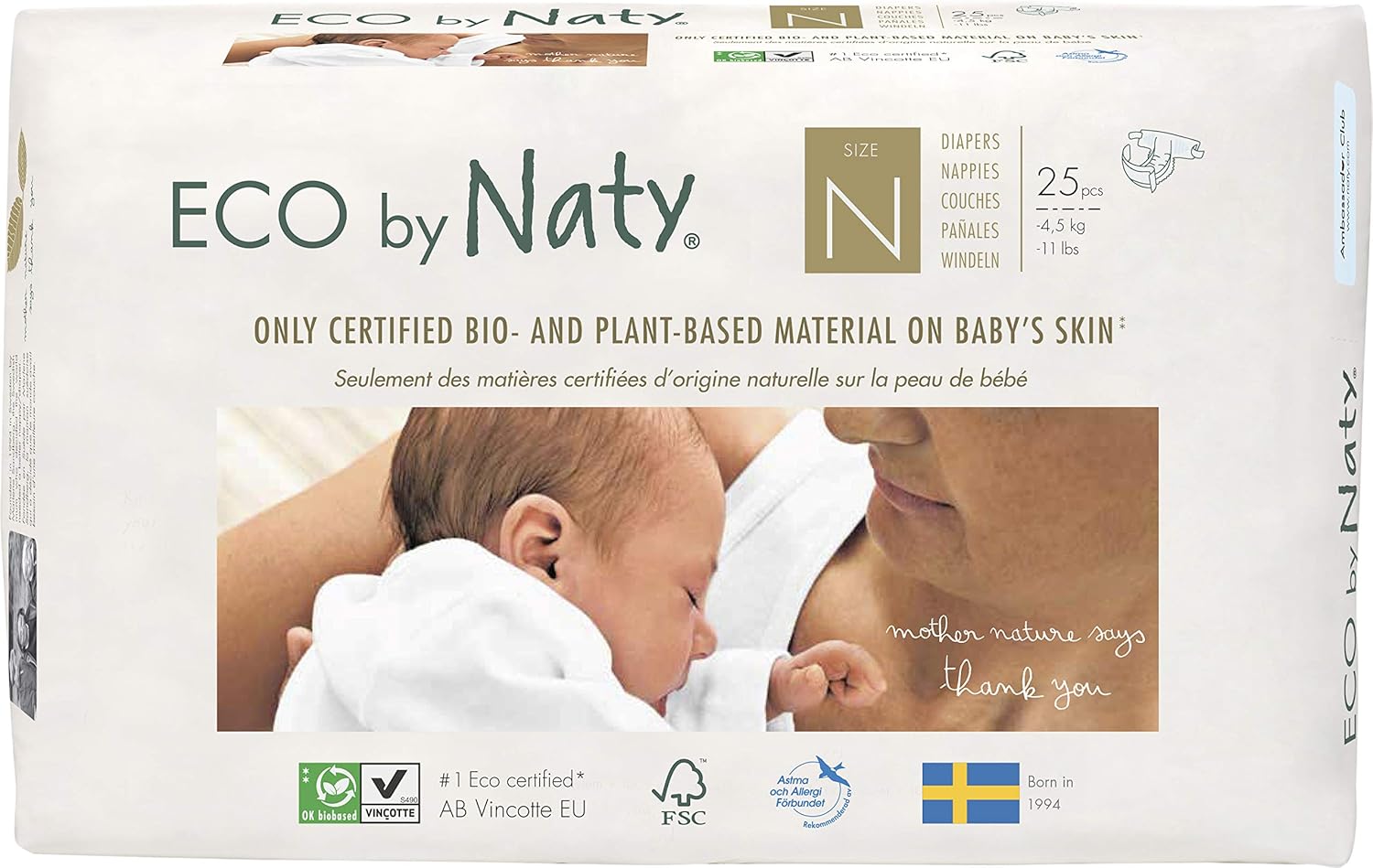 Eco by Naty, Size Newborn, 100 Nappies, -4.5kg, ONE MONTH supply, Plant ...