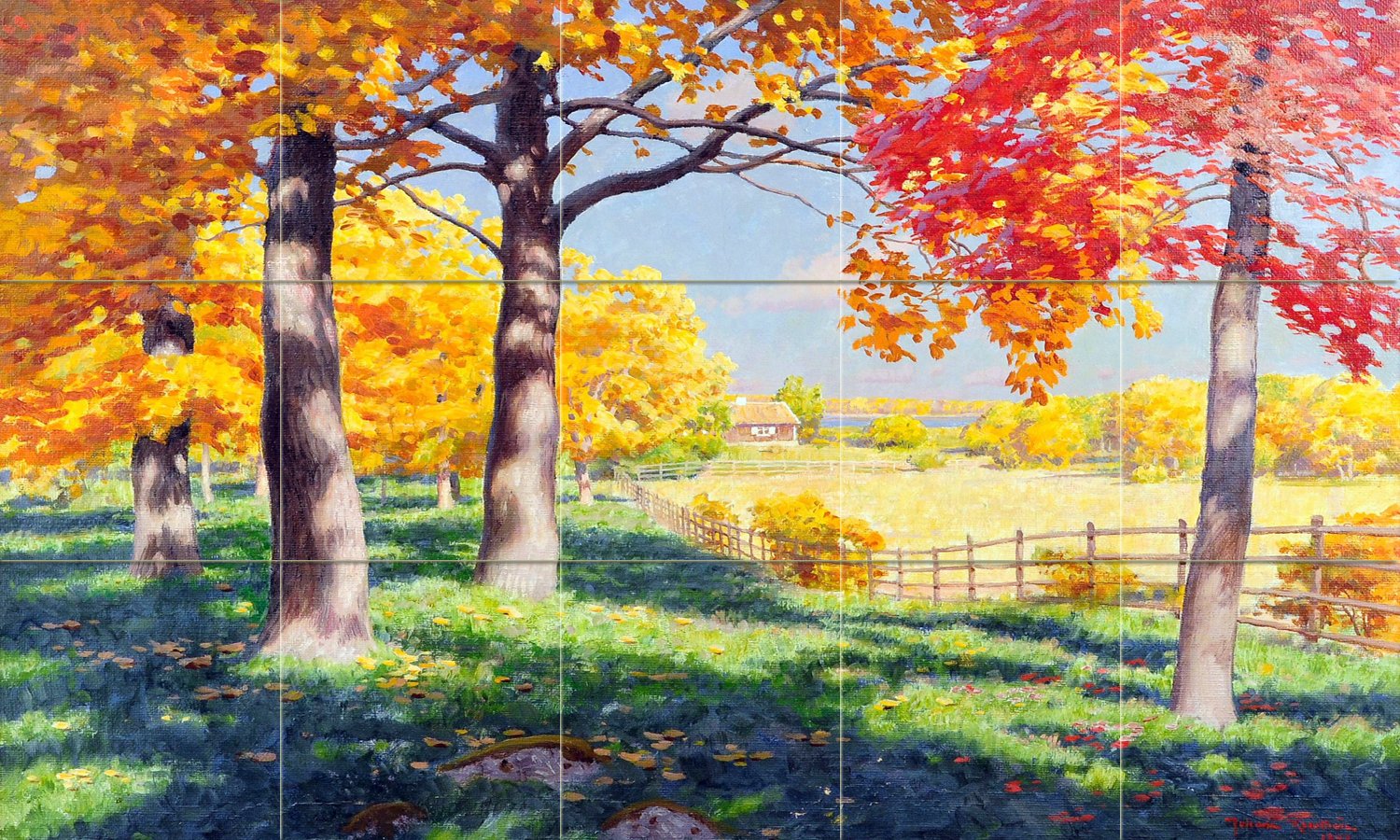 forest colorful autumn J. Krouthen Tile Mural Kitchen Backsplash Marble ...