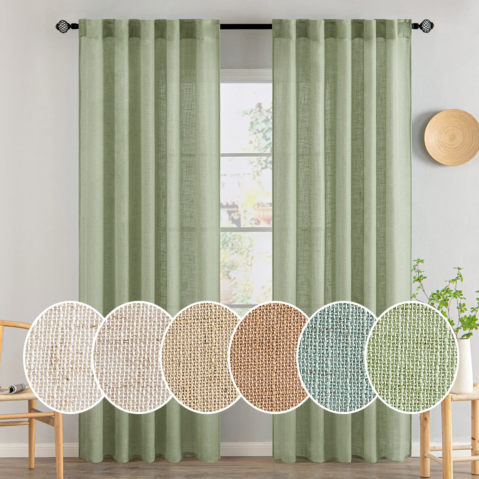 MIULEE Sage Green Linen Curtains 84 Inch Length for Bedroom Living Room ...