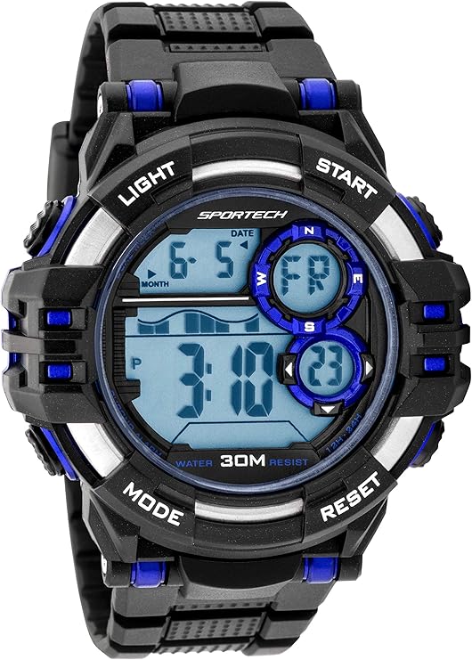 Sportech Men's Watch | Black and Blue Shock Resistant Digital Sport ...