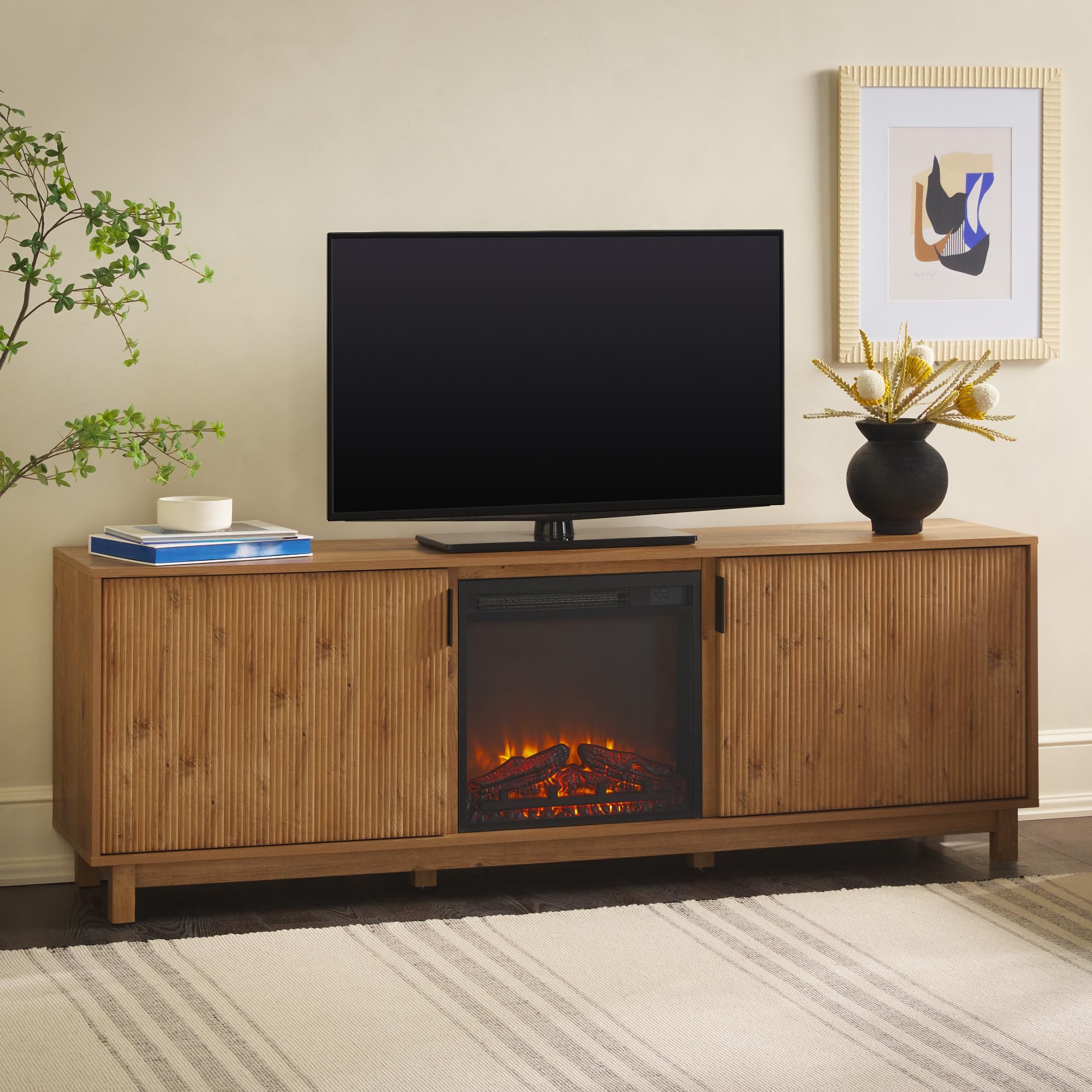 Walker Edison Arundo Reeded TV Stand With Fireplace & Storage, 70 ...