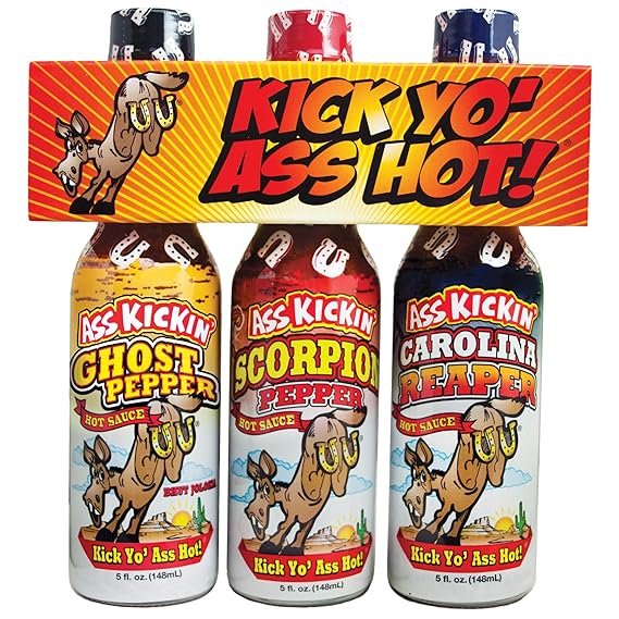 Amazon.com : ASS KICKIN' Kick Yo' Ass Hot Sauce Bottles Gift Set - Ghost Pepper, Scorpion and ...