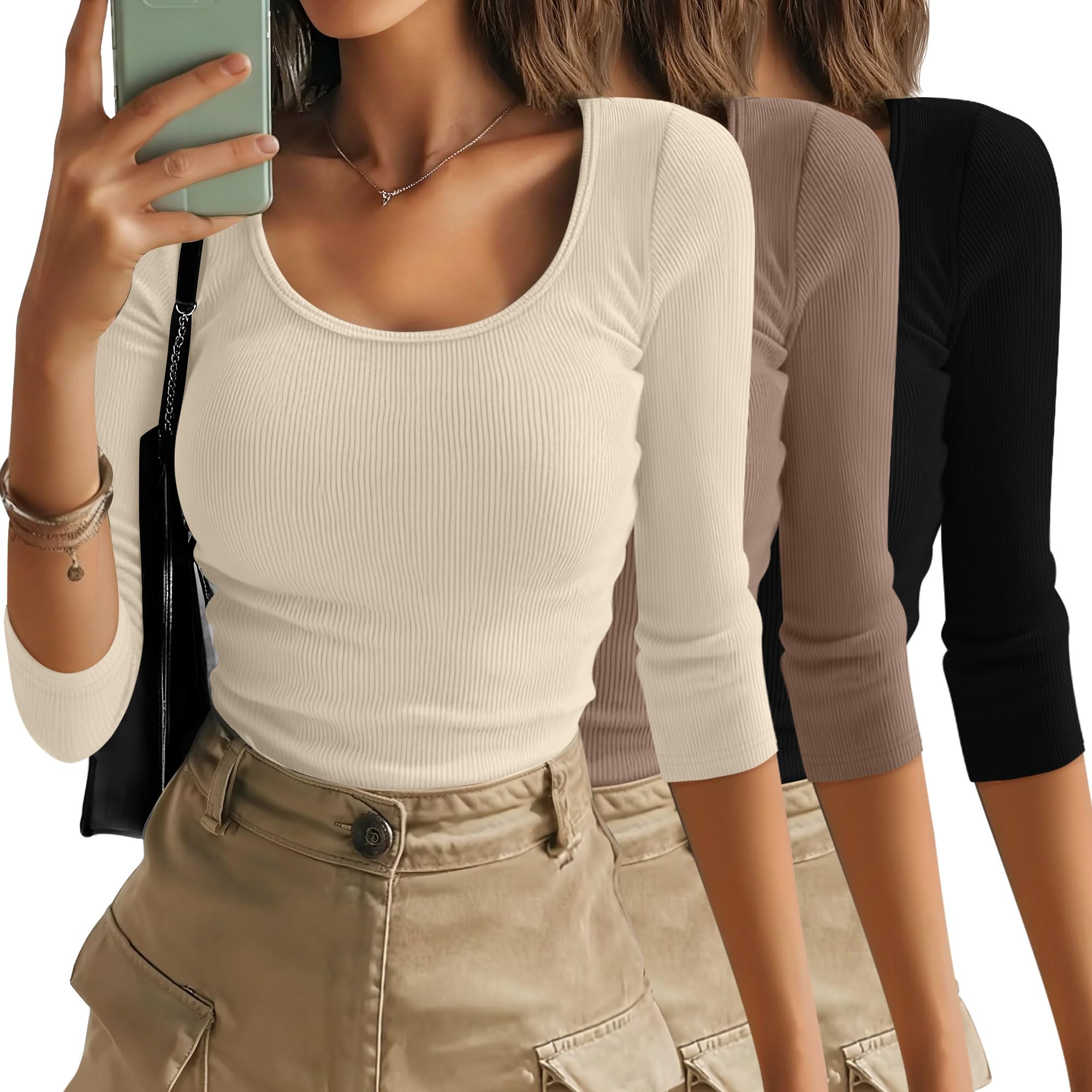 Xaatren 3 Pack 3/4 Length Sleeve Tops for Women Ribbed Scoop Neck Slim ...