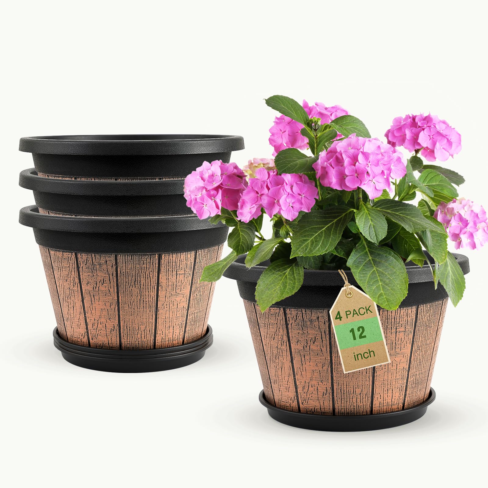 Quarut 4 Pack 12 inch Plant Pots,Whiskey Barrel Planters with Drainage ...