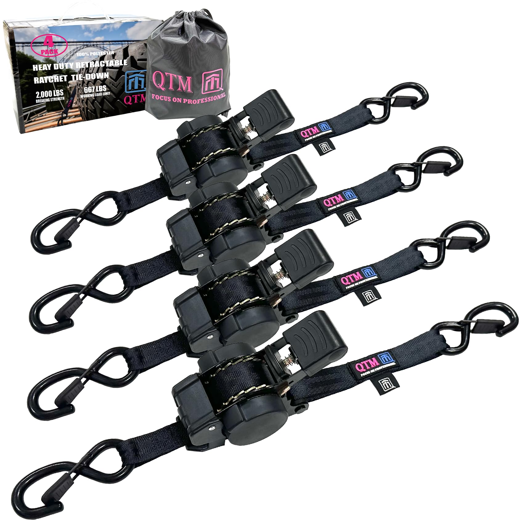 QTM Retractable Ratchet Straps Heavy Duty, Black, 1 Inch X 10 Feet ...