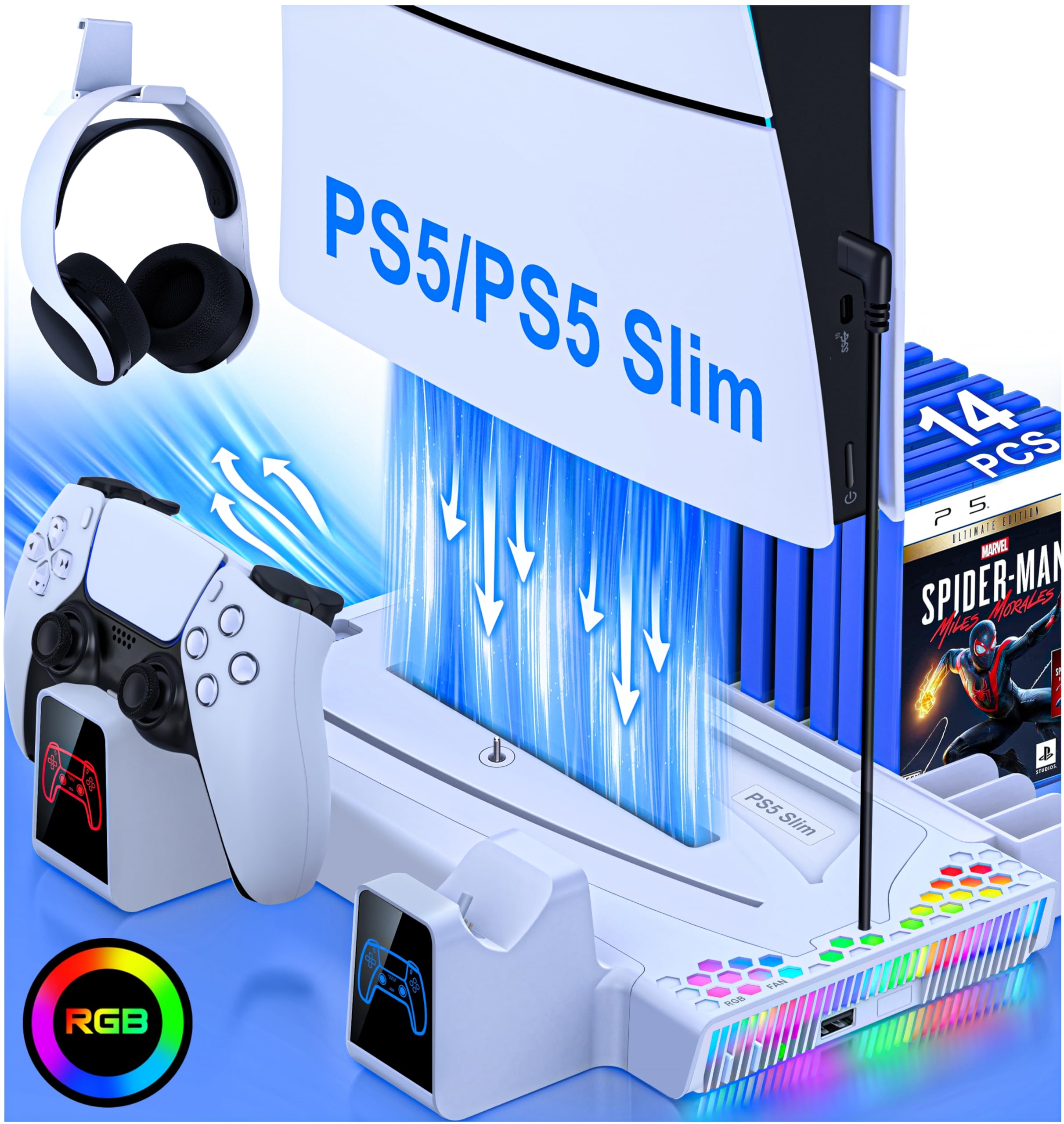 PS5 Slim Cooling Station with RGB Dual Controller Charging, PS5 Stand ...