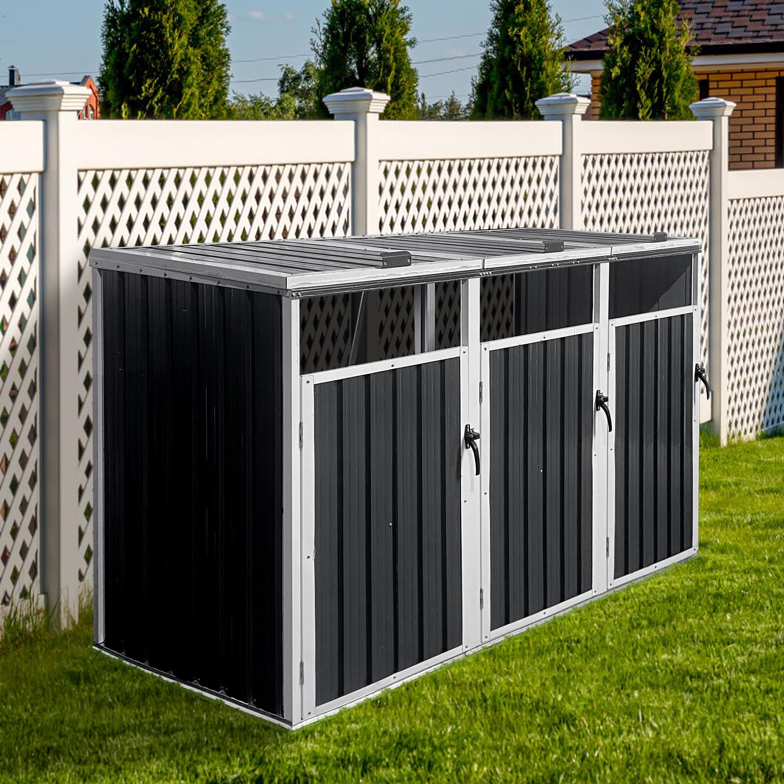 KEIKI Garbage Bin Storage Shed with Lockable Doors & Hydraulic Gas Rod ...