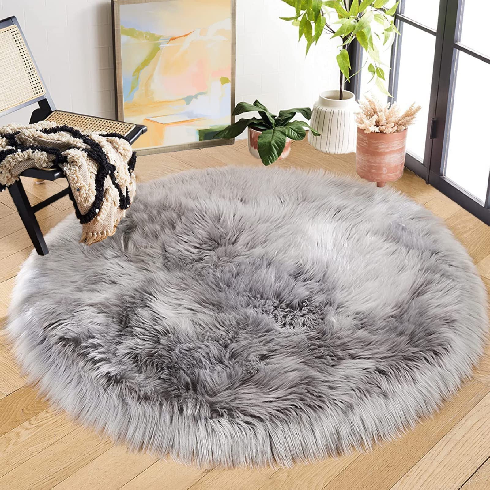 ORINOVA Silver Grey Washable Shaggy Round Rugs 6.6ft Large Faux ...