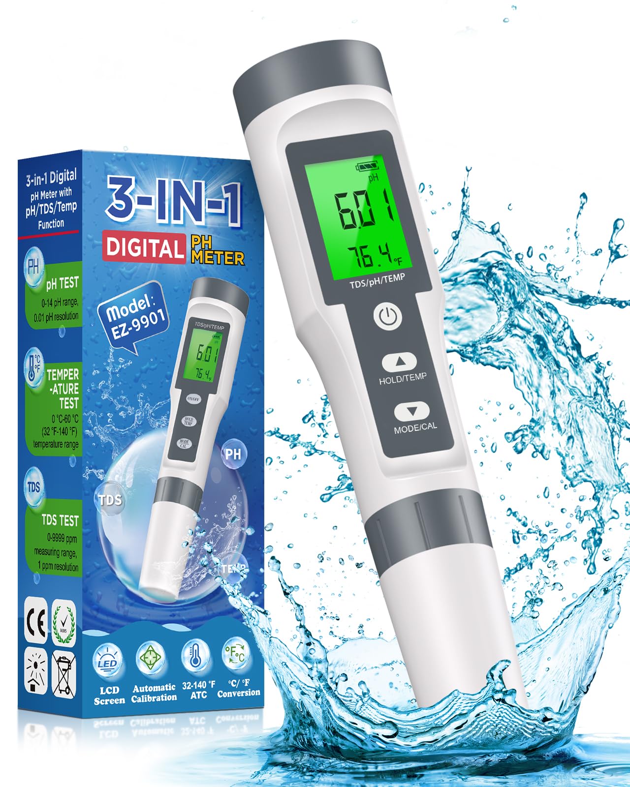 Mua pH Meter, TDS/pH/Temperature 3-in-1 pH Meter for Water, 0-14 pH ...