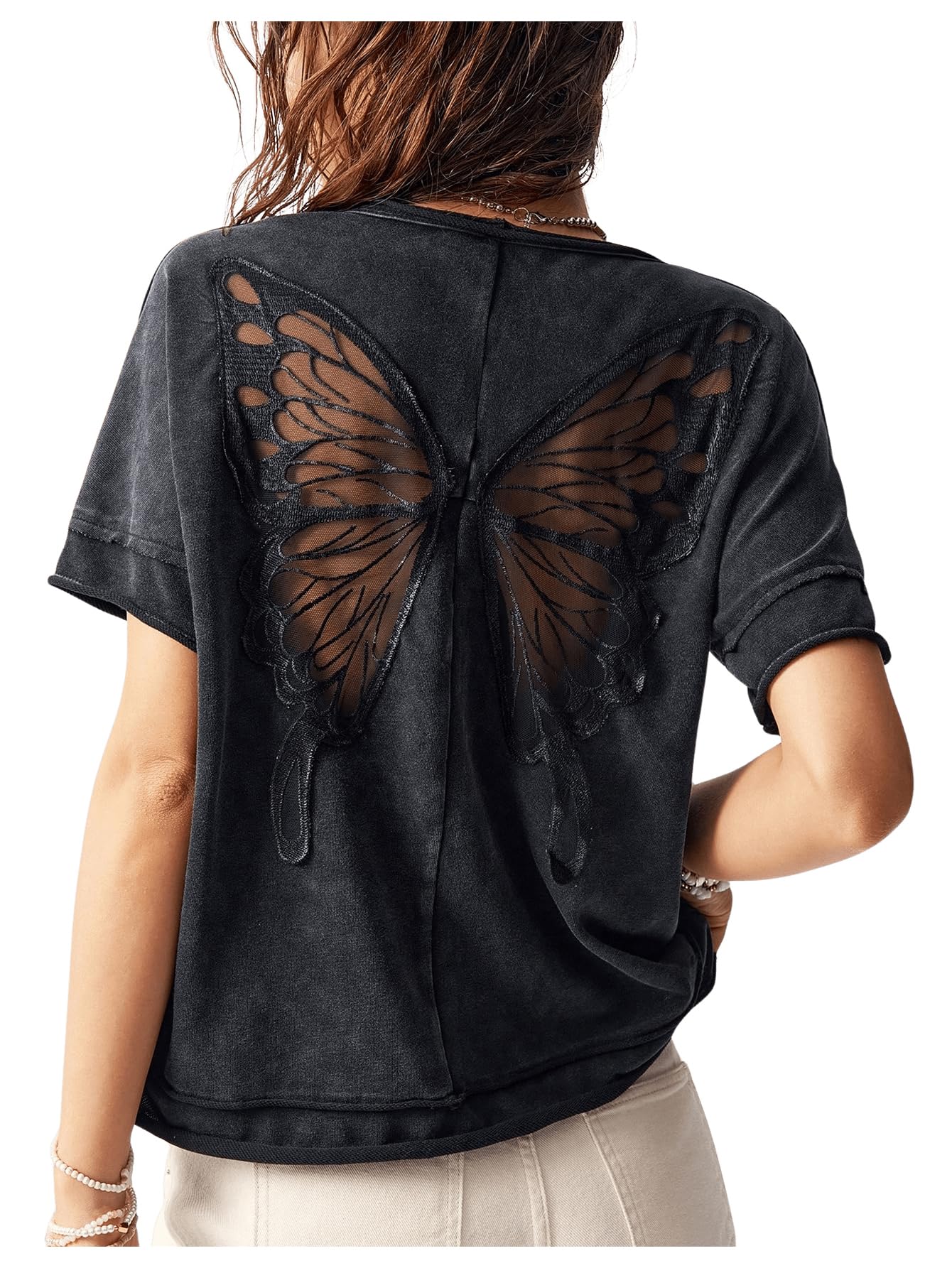 Milumia Women's Vintage Butterfly Sheer T-Shirt Short Sleeve Cut Out ...