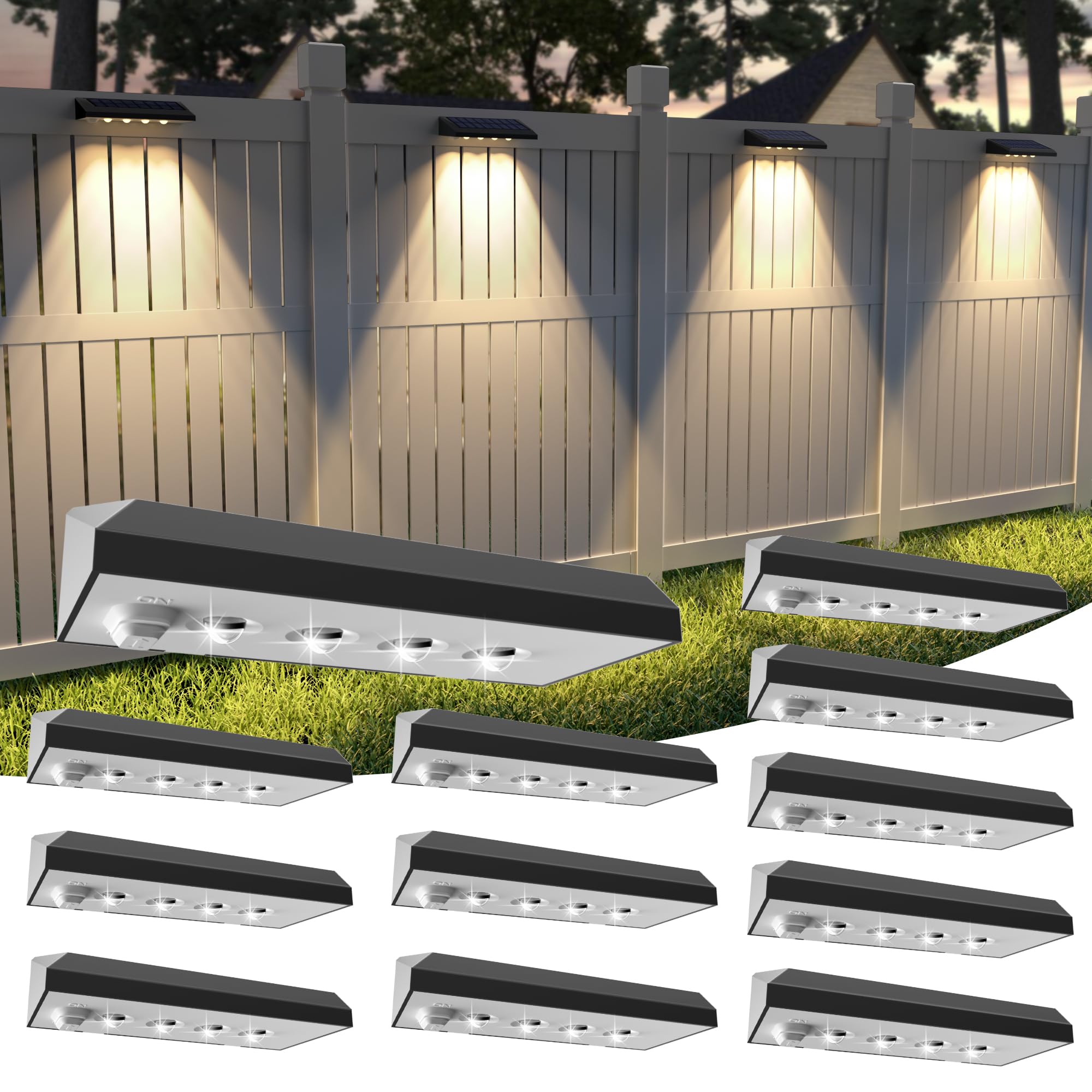 NIORSUN Solar Fence Lights 12 Pack, 3000K Warm White with 4 Spot Lenses ...