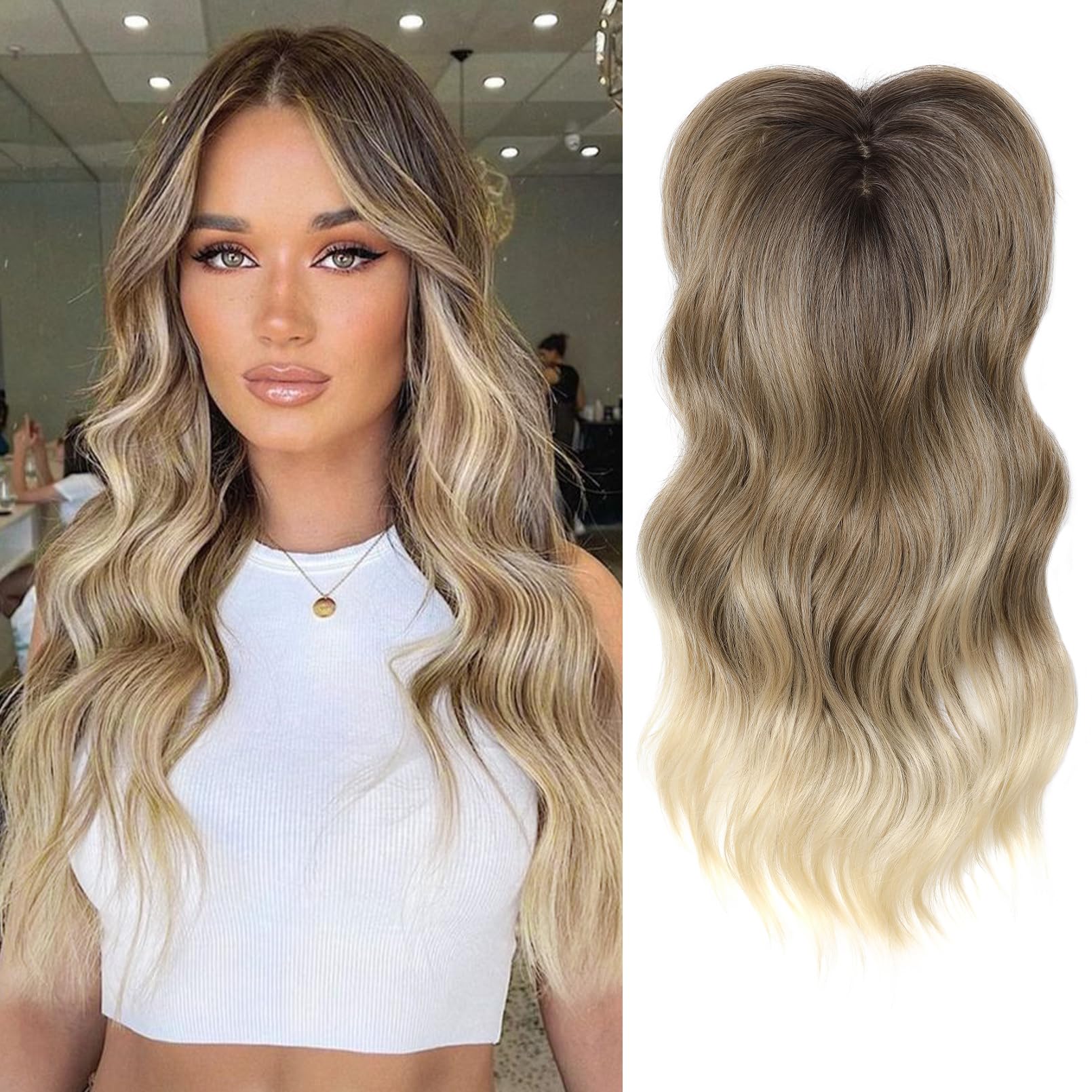 KUIRAN Hair Topper, Wavy Hair Topper with Bangs 6.5x6.5 Inch Large Base ...