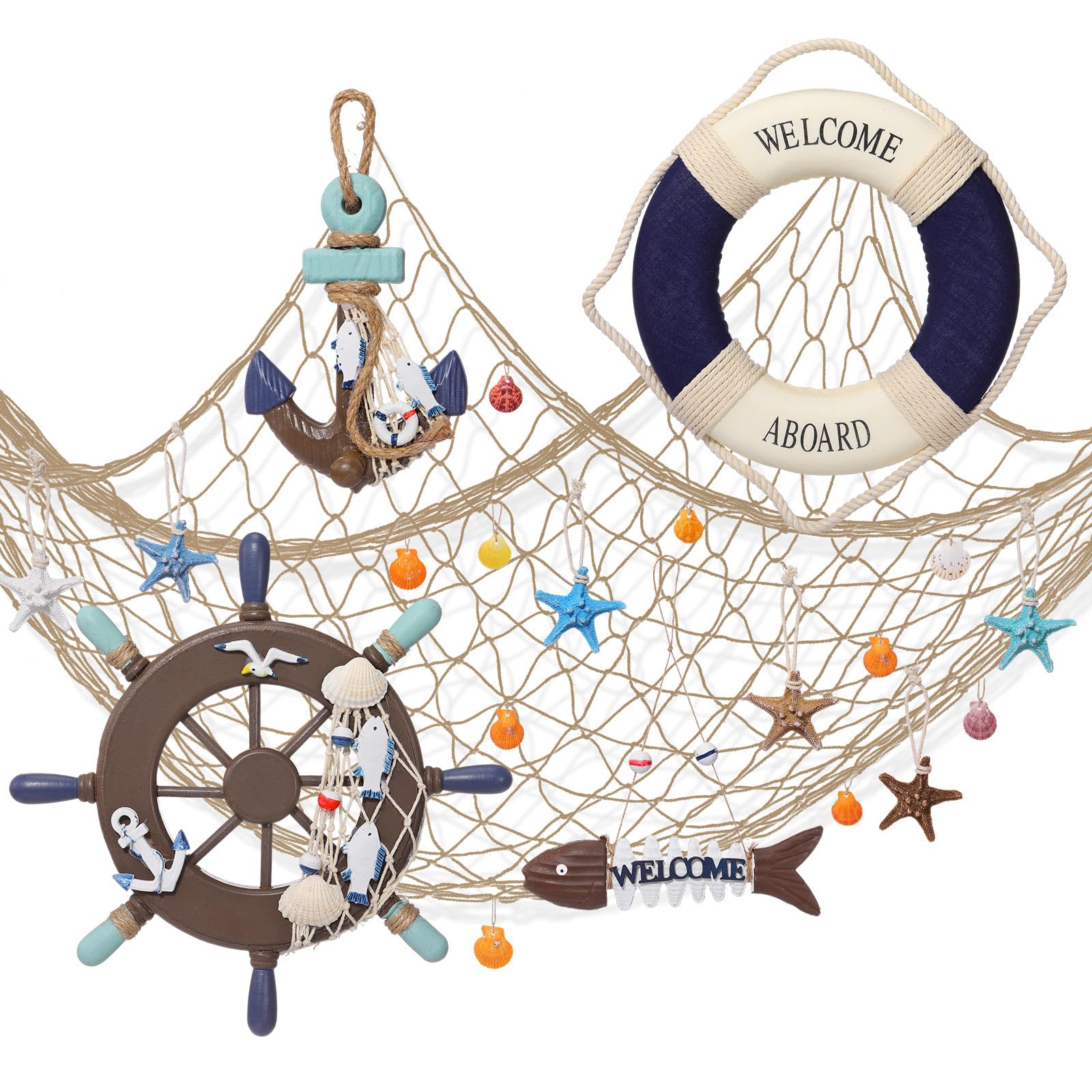 Marsui 11 Pcs Wooden Nautical Wall Decor Fishing Net Decoration ...