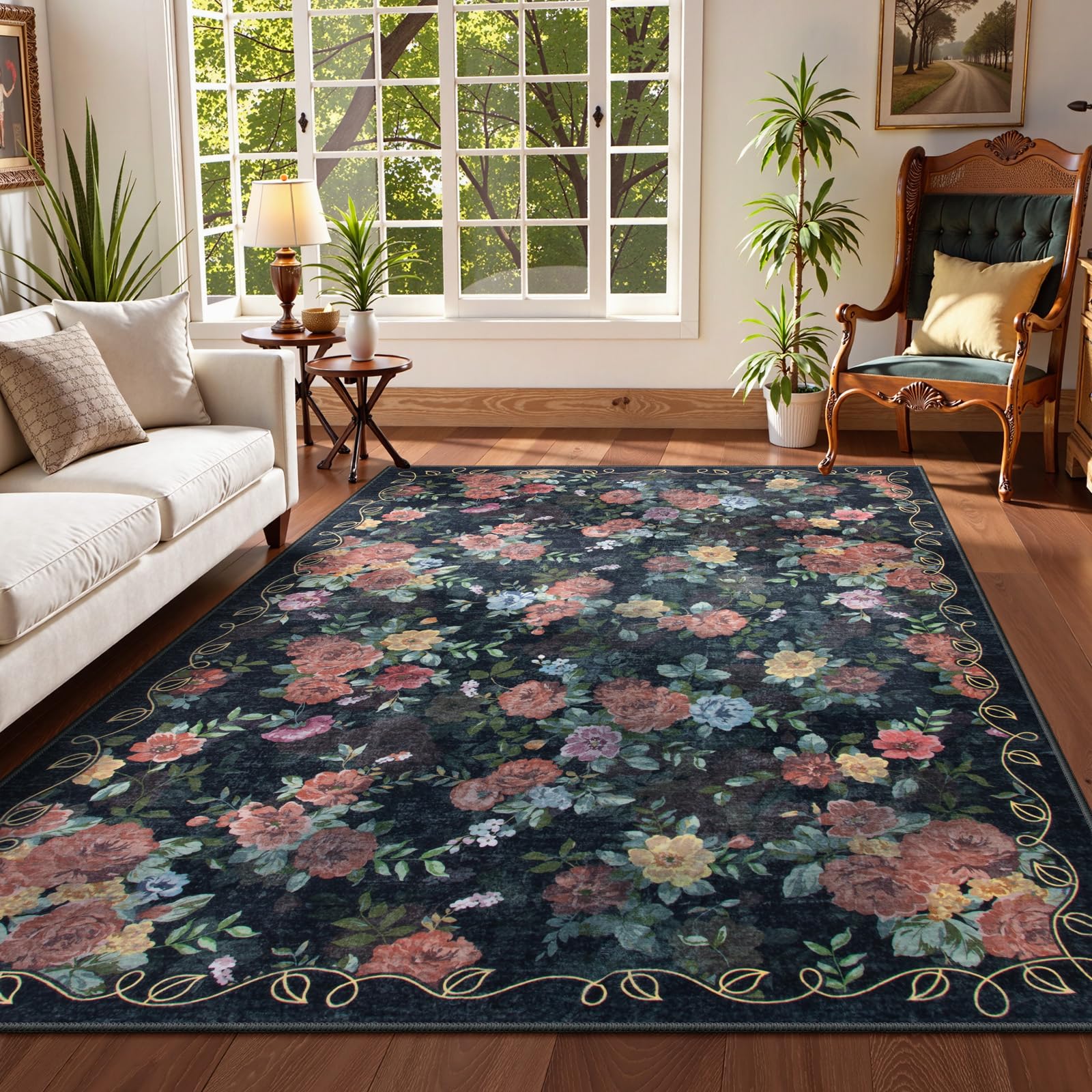 Lahome Living Room Rug 6x9 Washable Area Rug,Floral Vintage Bedroom ...