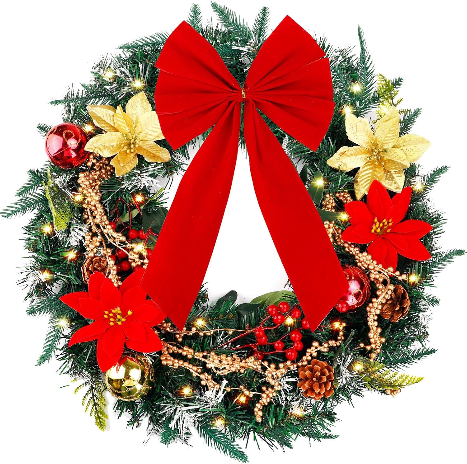 FUNARTY - Corona de Navidad con luces, 60,8 cm, diseño de bayas doradas ...