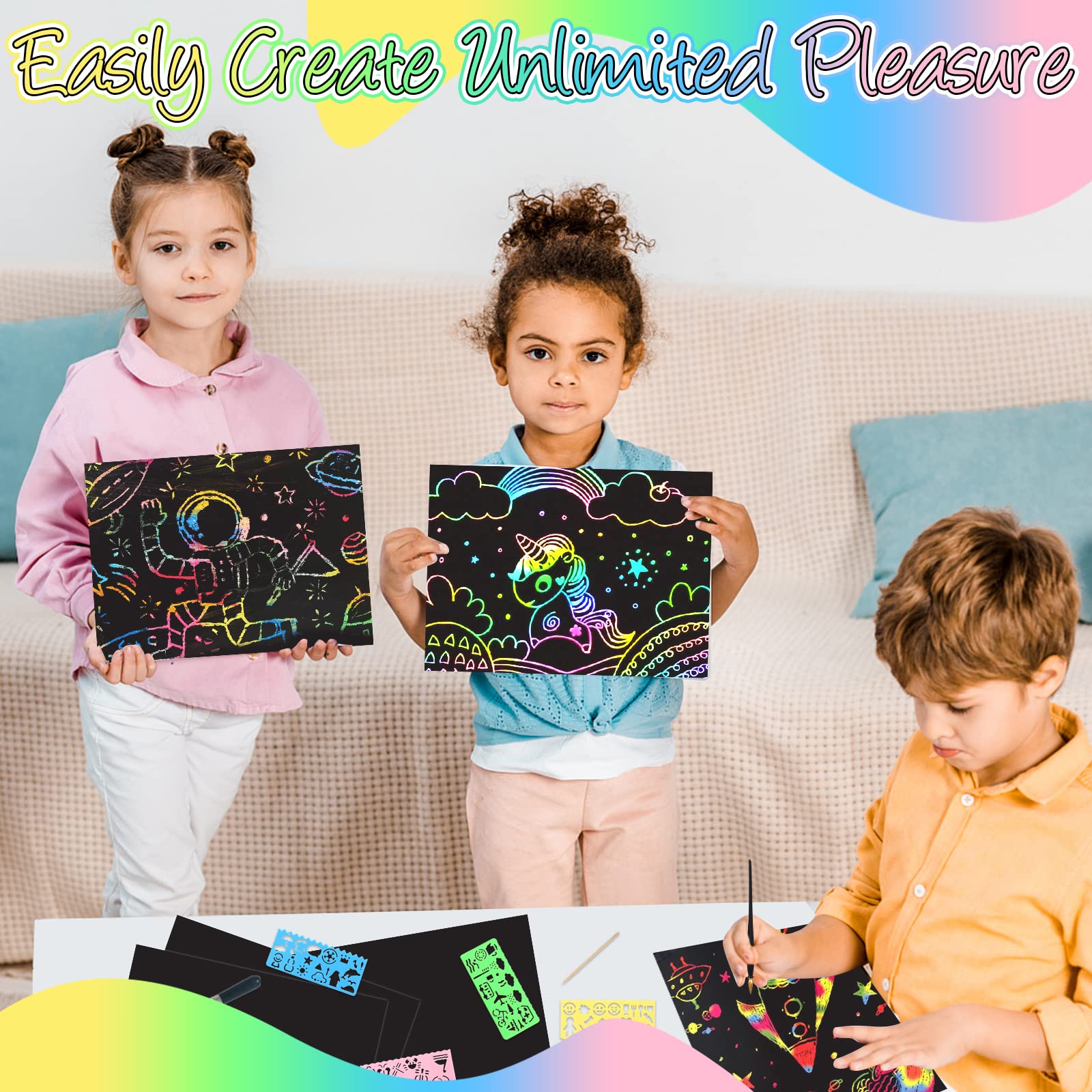 Scratch Paper Art Set, 50 Sheets 8x11in Rainbow Coated Scratchboard ...