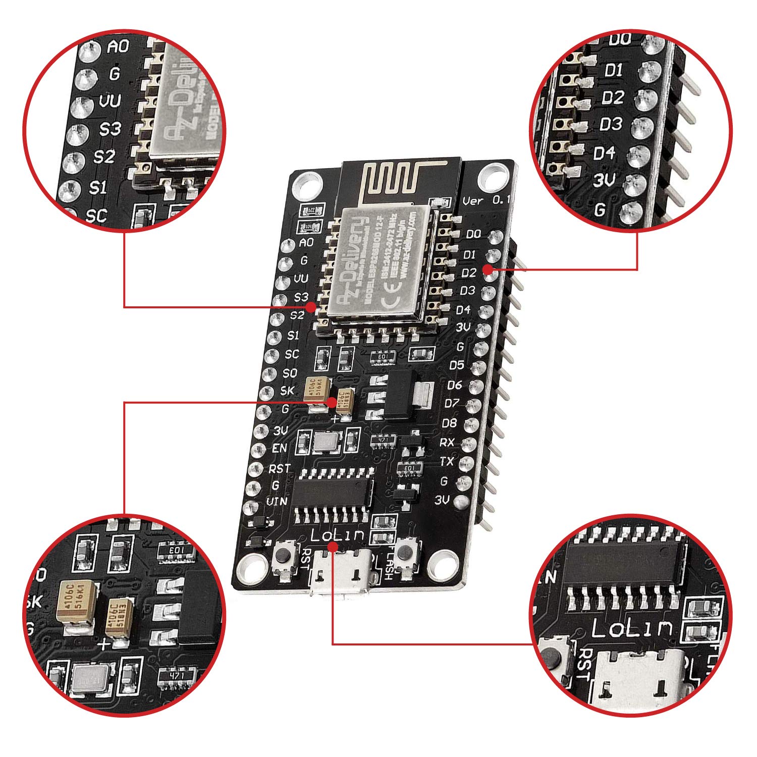 AZDelivery NodeMCU WiFi Lolin V3 ESP8266 ESP-12F Internet Development Board Module 25Q32 4M ...