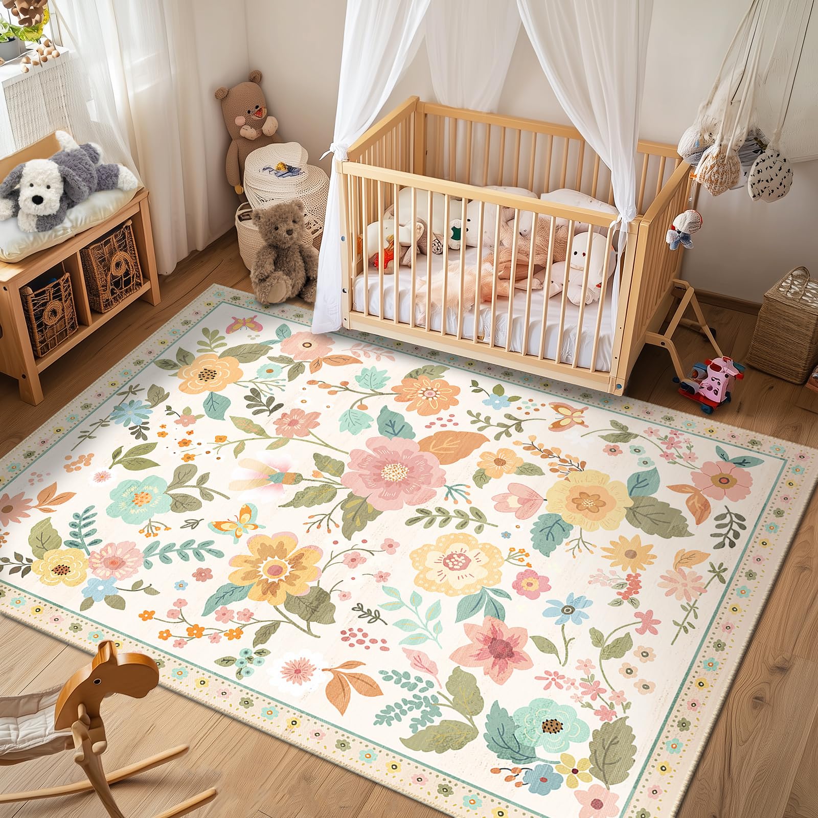 RELEANY Floral 5x7 Area Rug Machine Washable Soft Print Boho Carpet Non ...