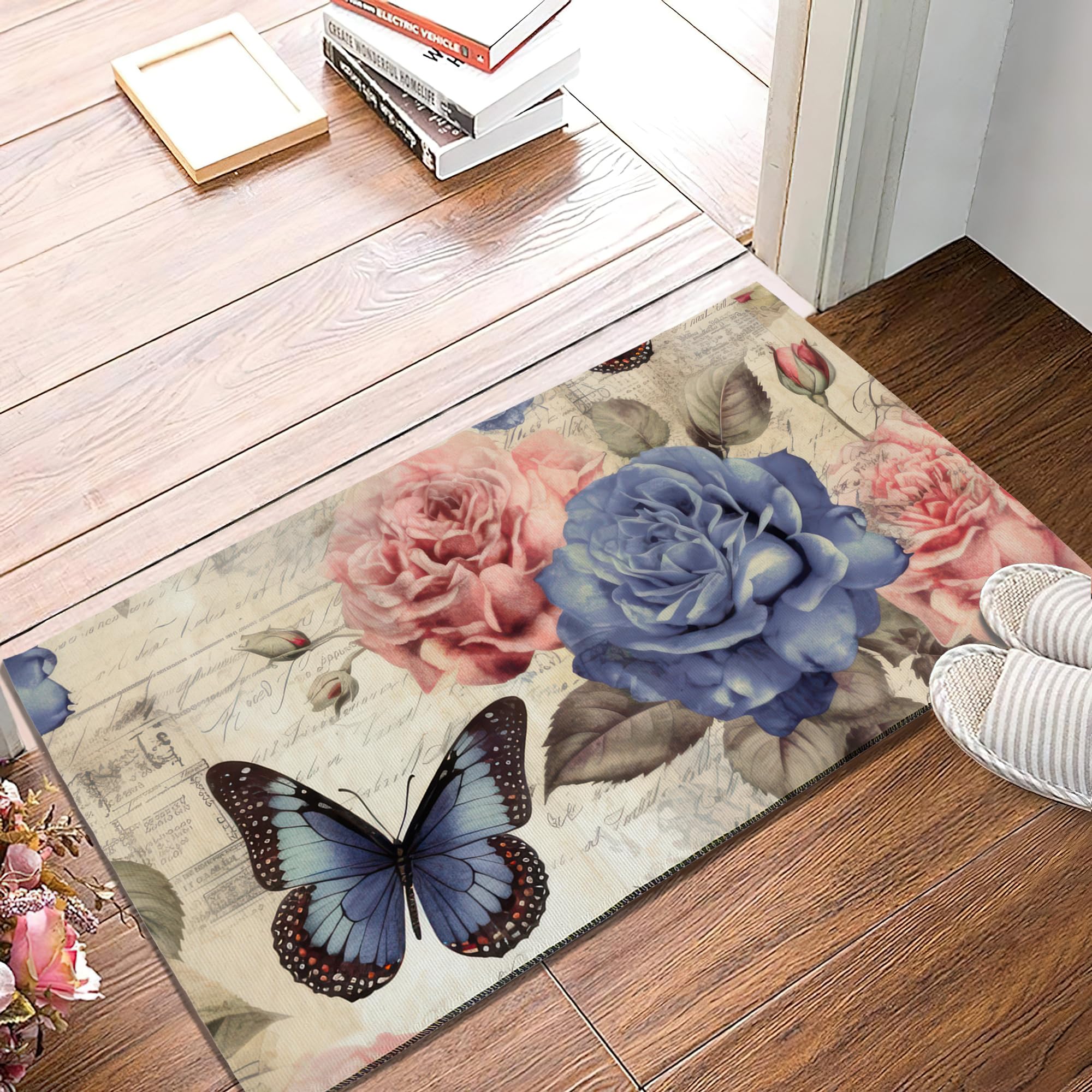 SPUNKER Door Mat,Rose Flower with Butterfly Welcome Mat,Doormats Indoor ...