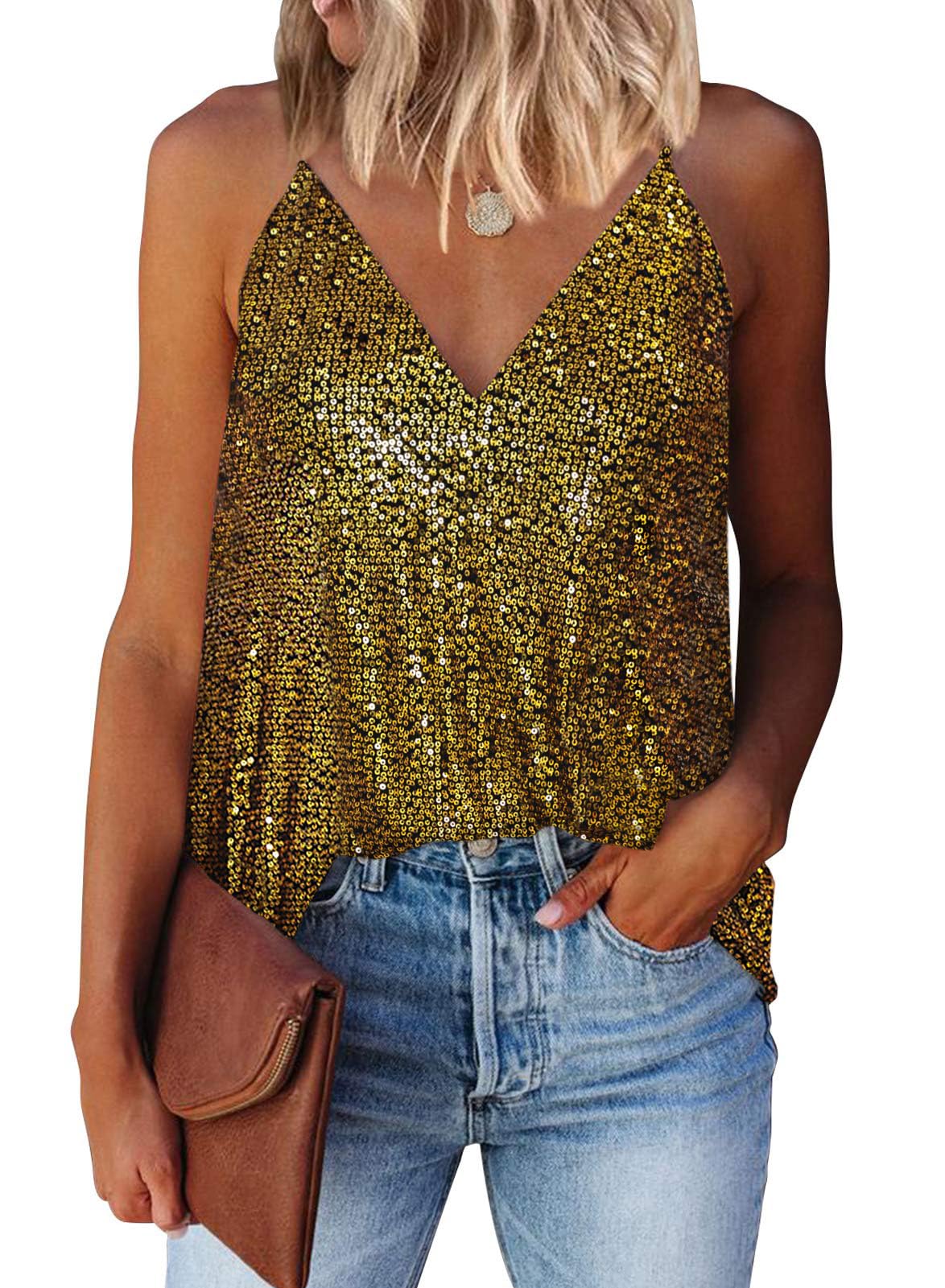 miduo Womens Tanks Tops Sparkle Sequin Tops V Neck Halter Camisole ...